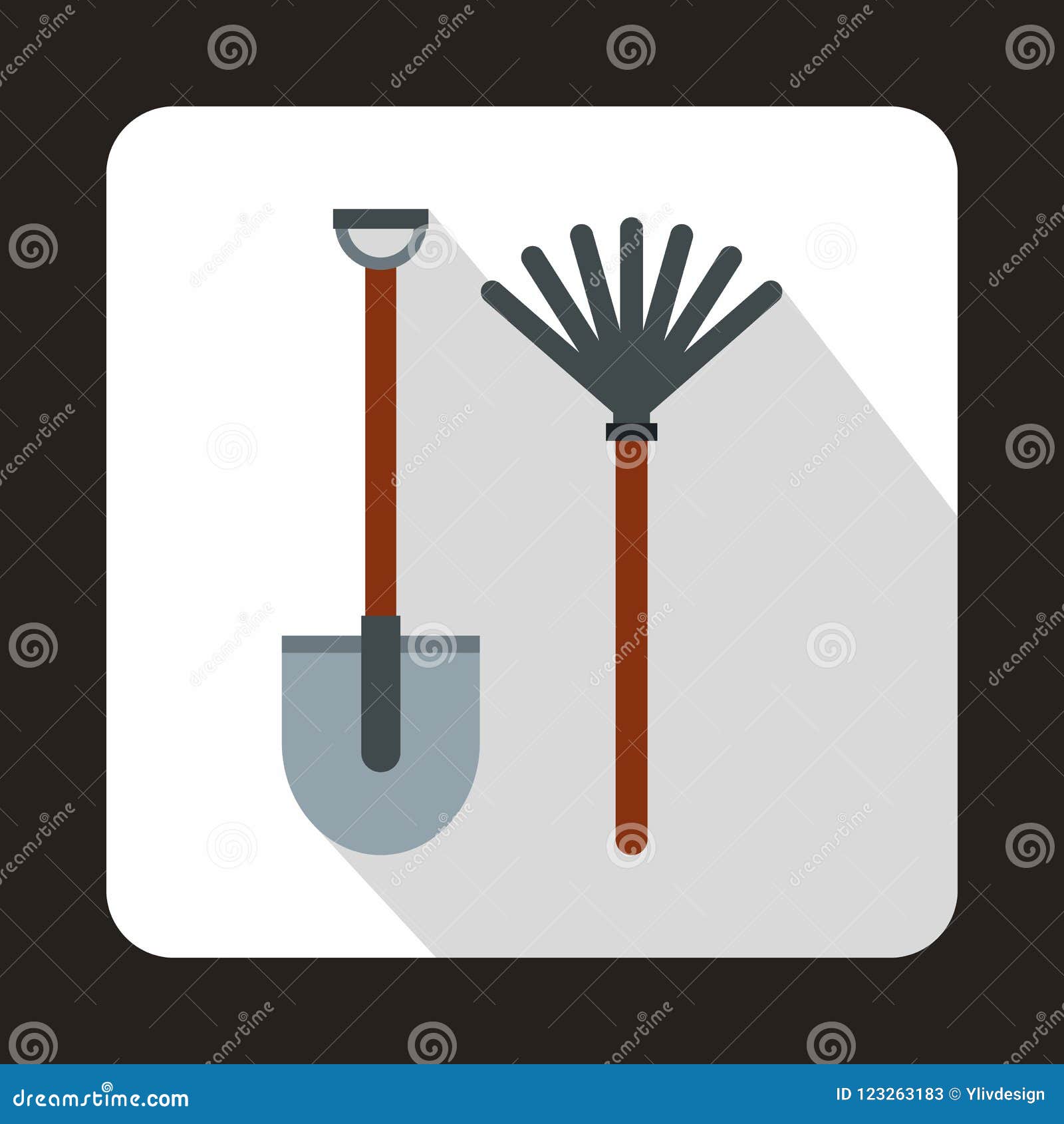 Rake and Shovel Icon, Flat Style Stock Illustration - Illustration of ...