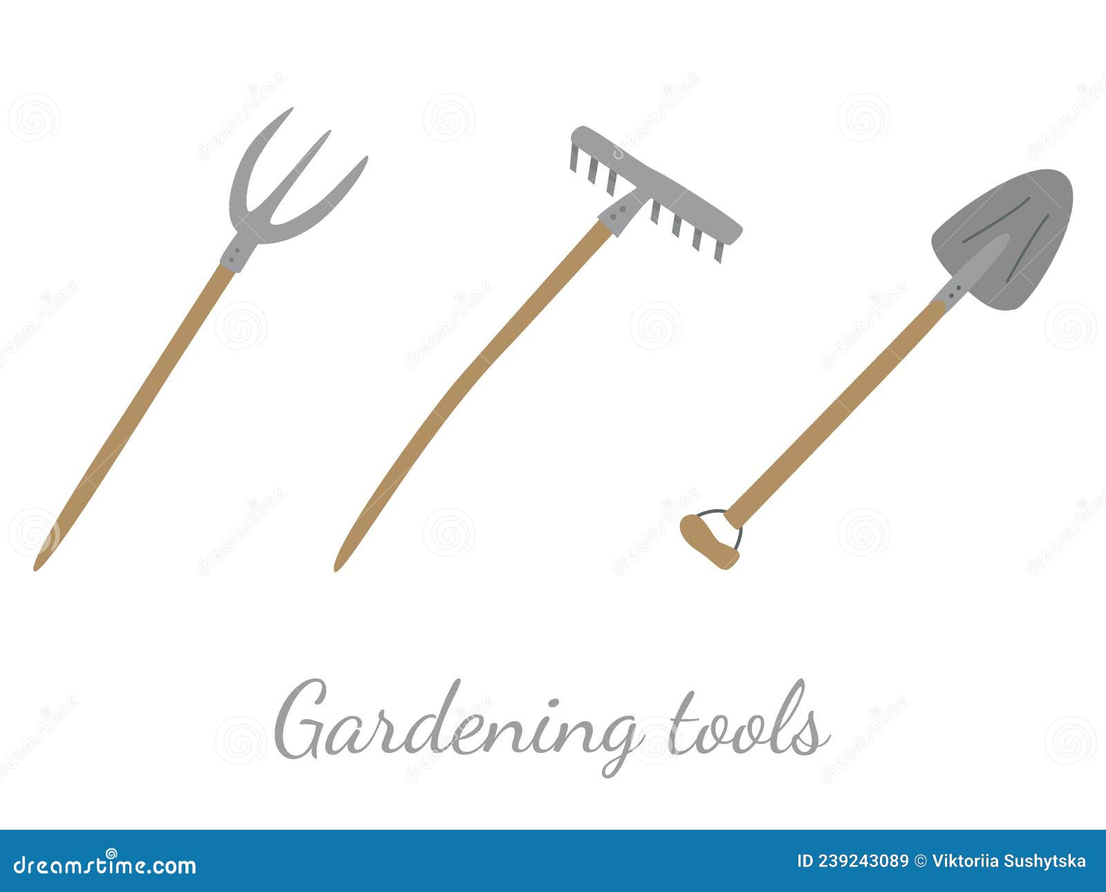 Rake, Shovel, Pitchfork for Farm Work. Set of Tools with Wooden Handle ...