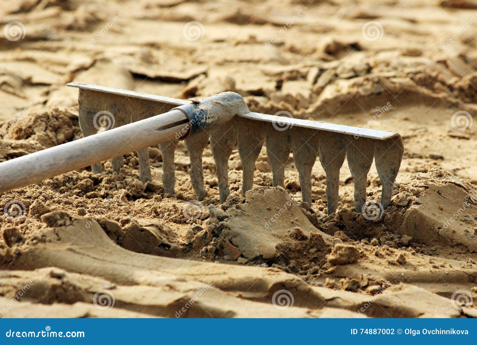 Rake Tools Lie on the Sand, Prepared for Laying Paving Slabs. Stock ...
