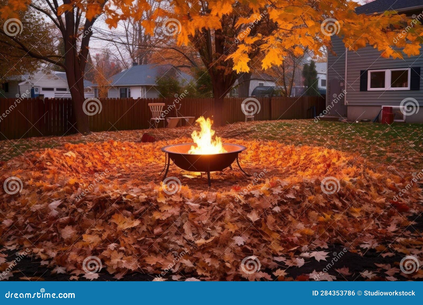 Raking Leaves Around a Cozy Backyard Fire Pit Stock Illustration ...