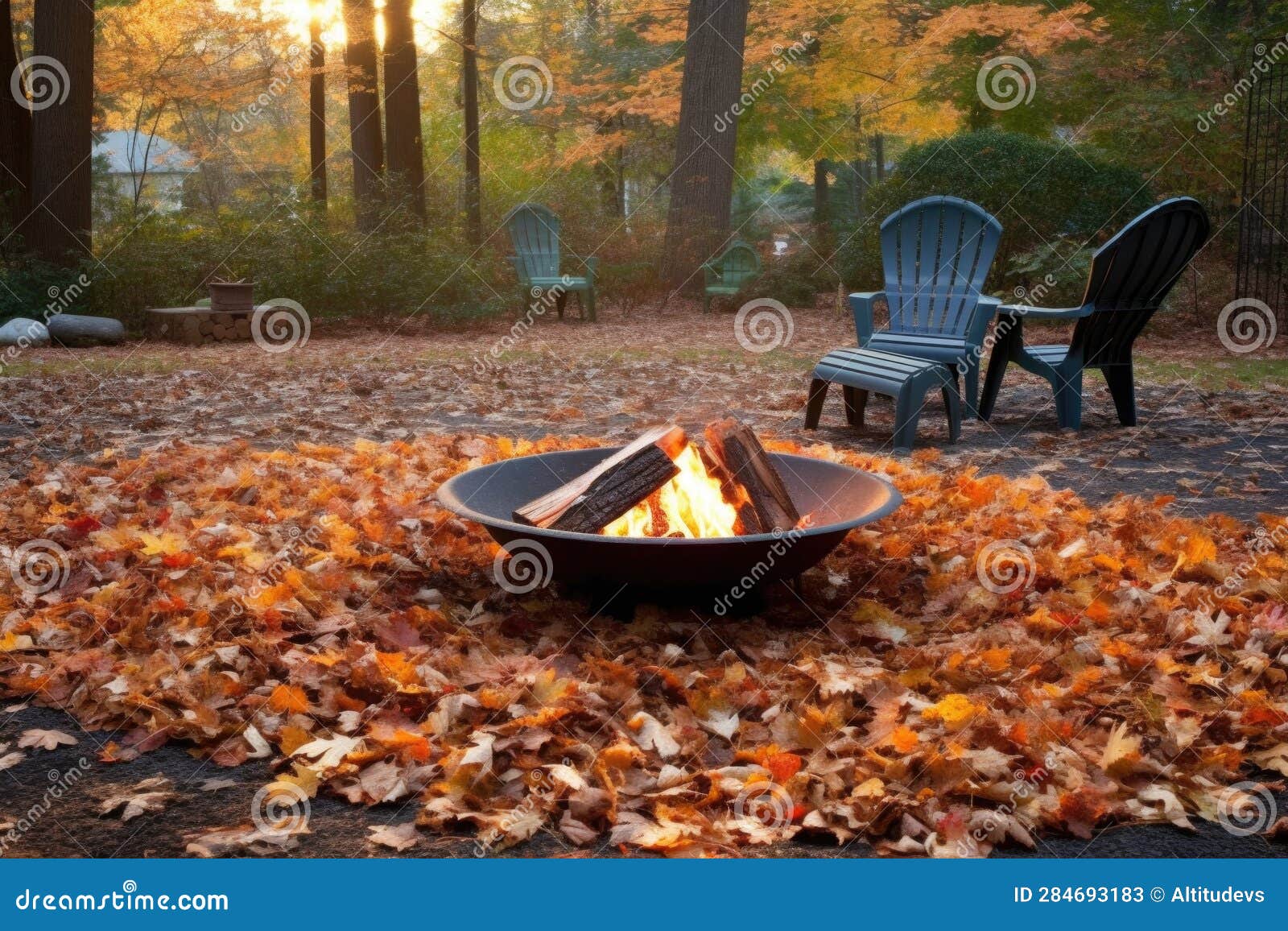 Raking Leaves Around a Cozy Backyard Fire Pit Stock Illustration ...