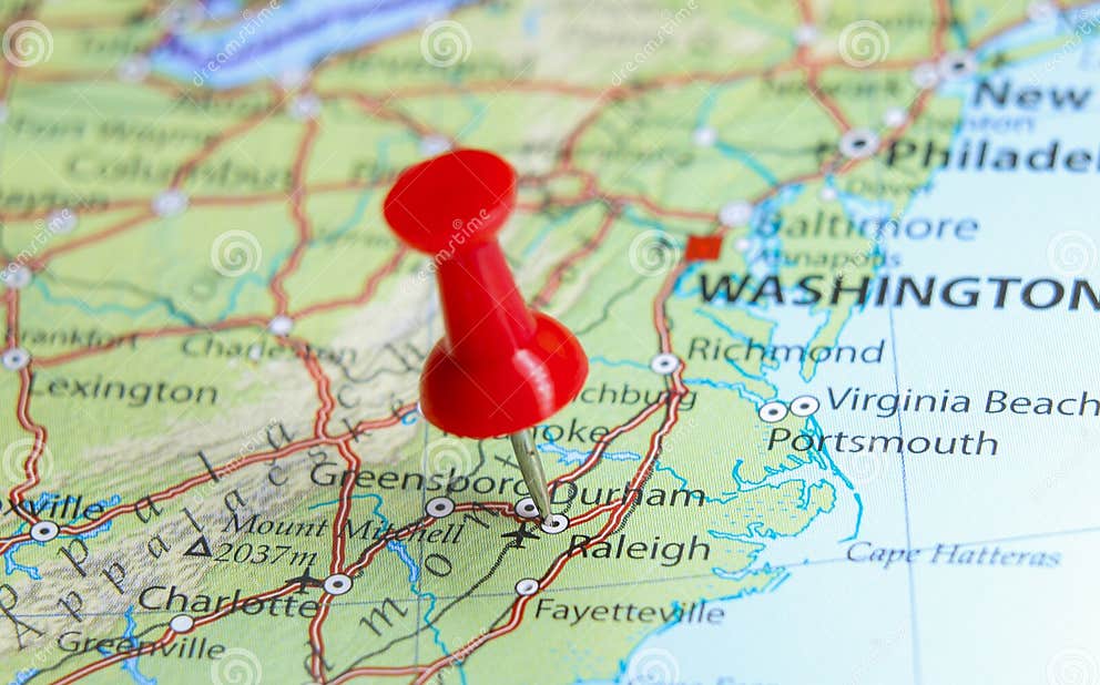Raleigh, pin on map of USA stock image. Image of point - 337477851