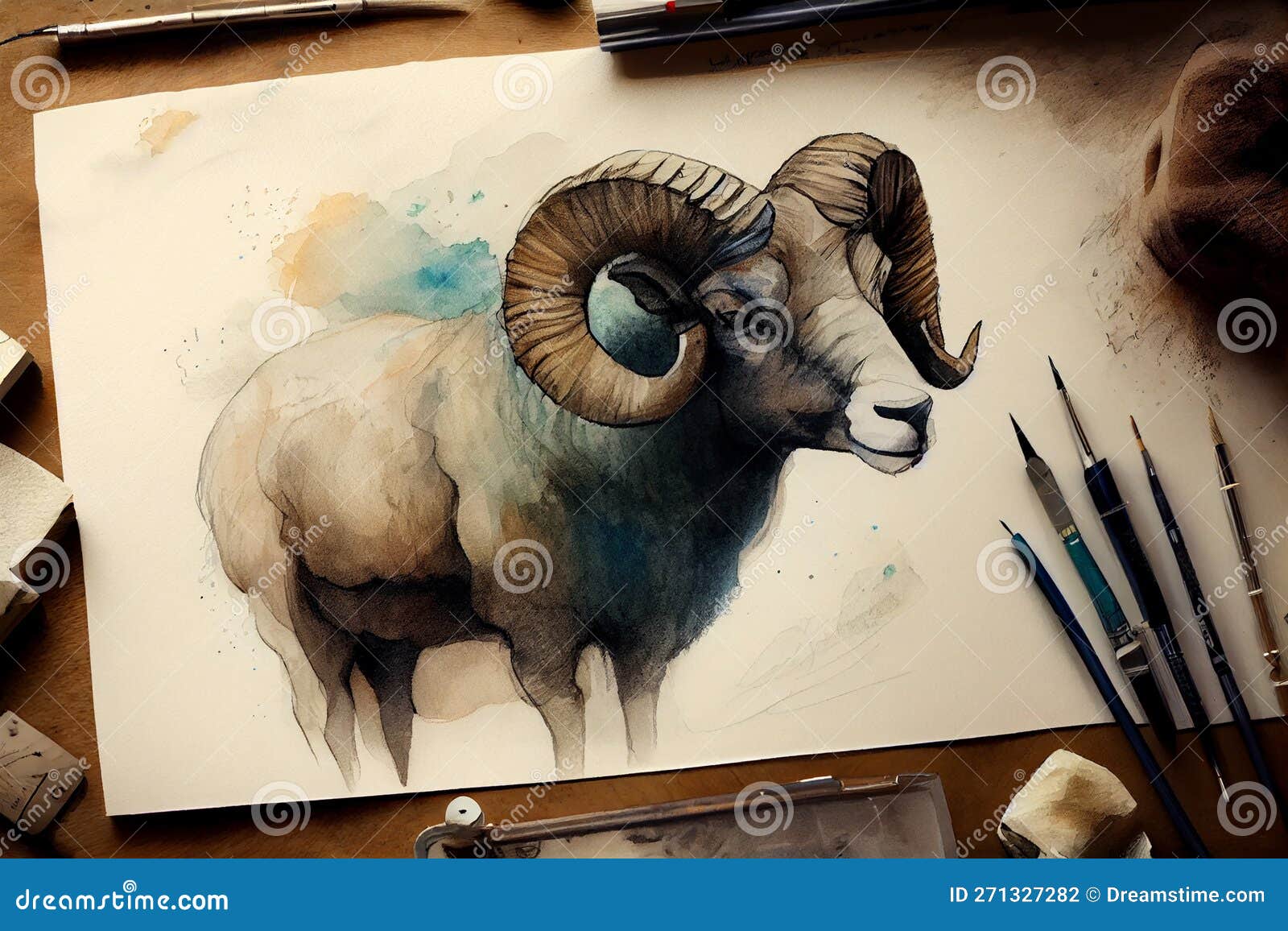 Ram Drawing with Bit of Watercolour Stock Illustration - Illustration ...