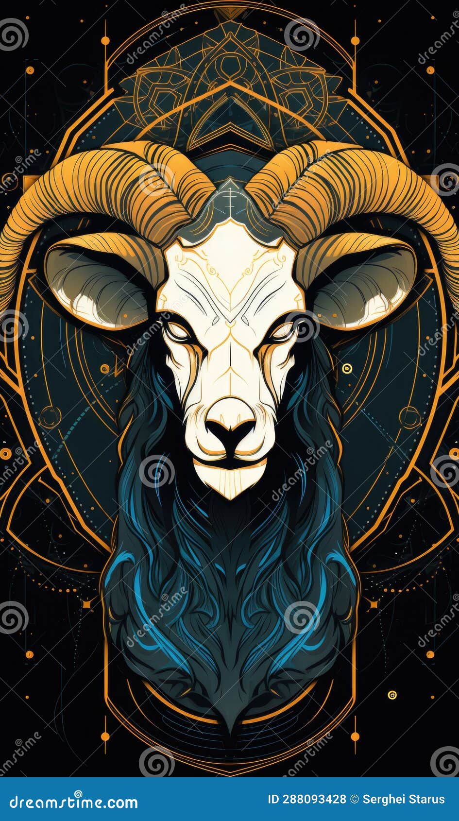 The Ram Head is on a Black Background with Geometric Patterns, AI Stock ...