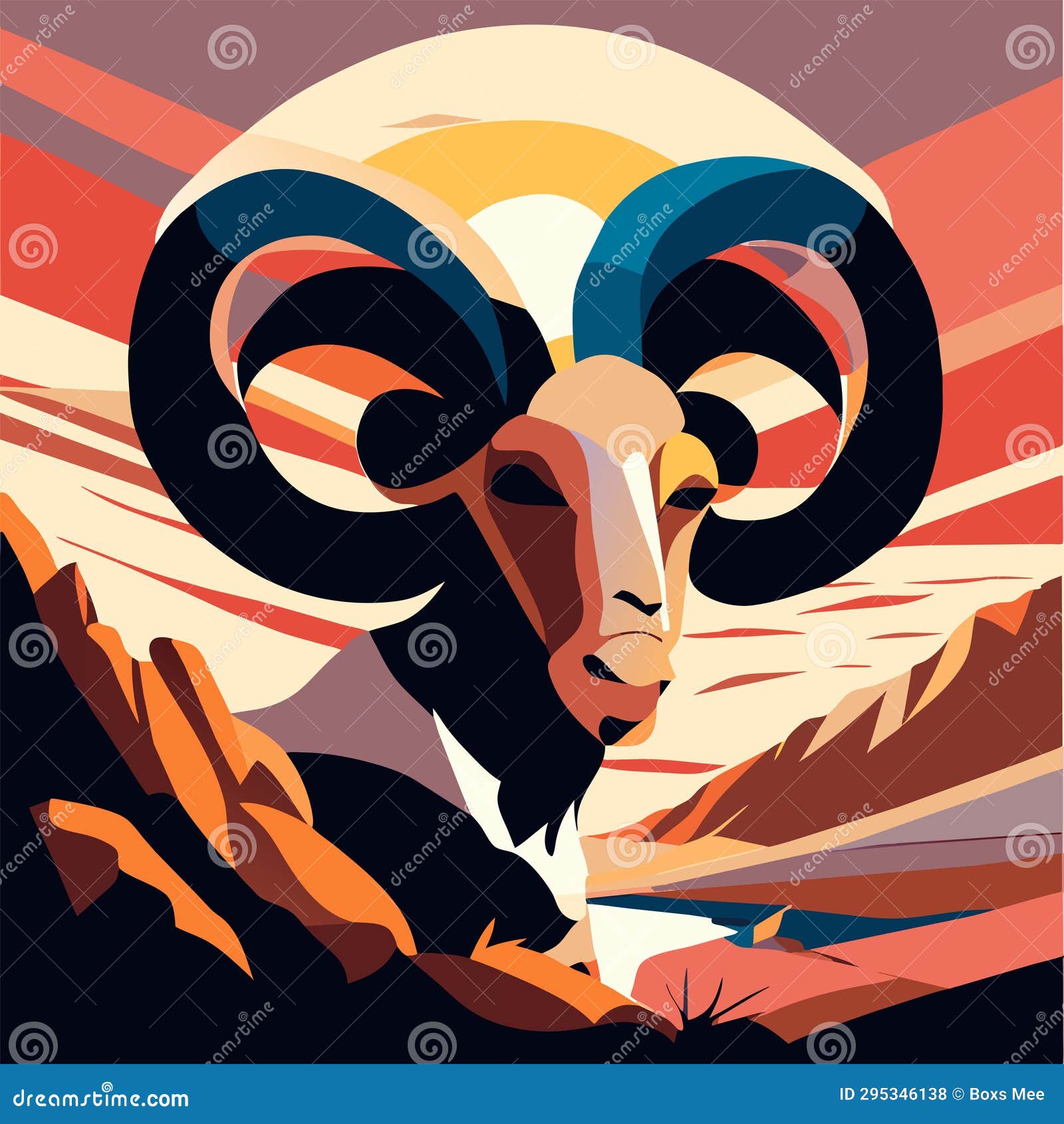 Ram Head in the Mountains. Vector Illustration in Flat Cartoon Style ...