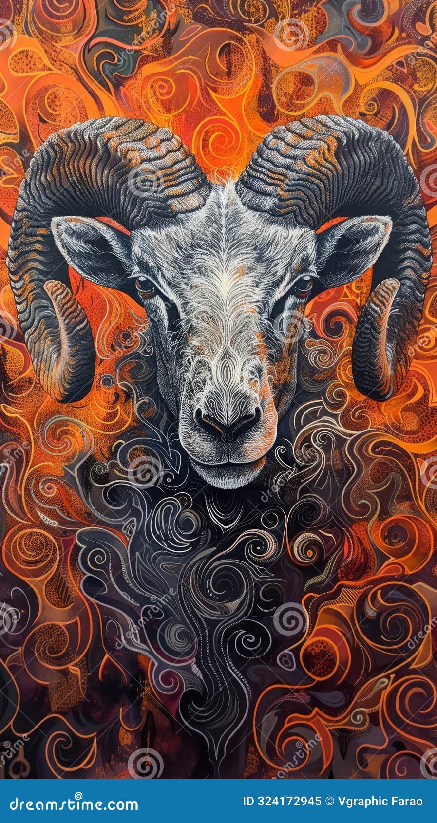 Ram Head Painting with Intricate Fire and Smoke Patterns, Abstract Art ...