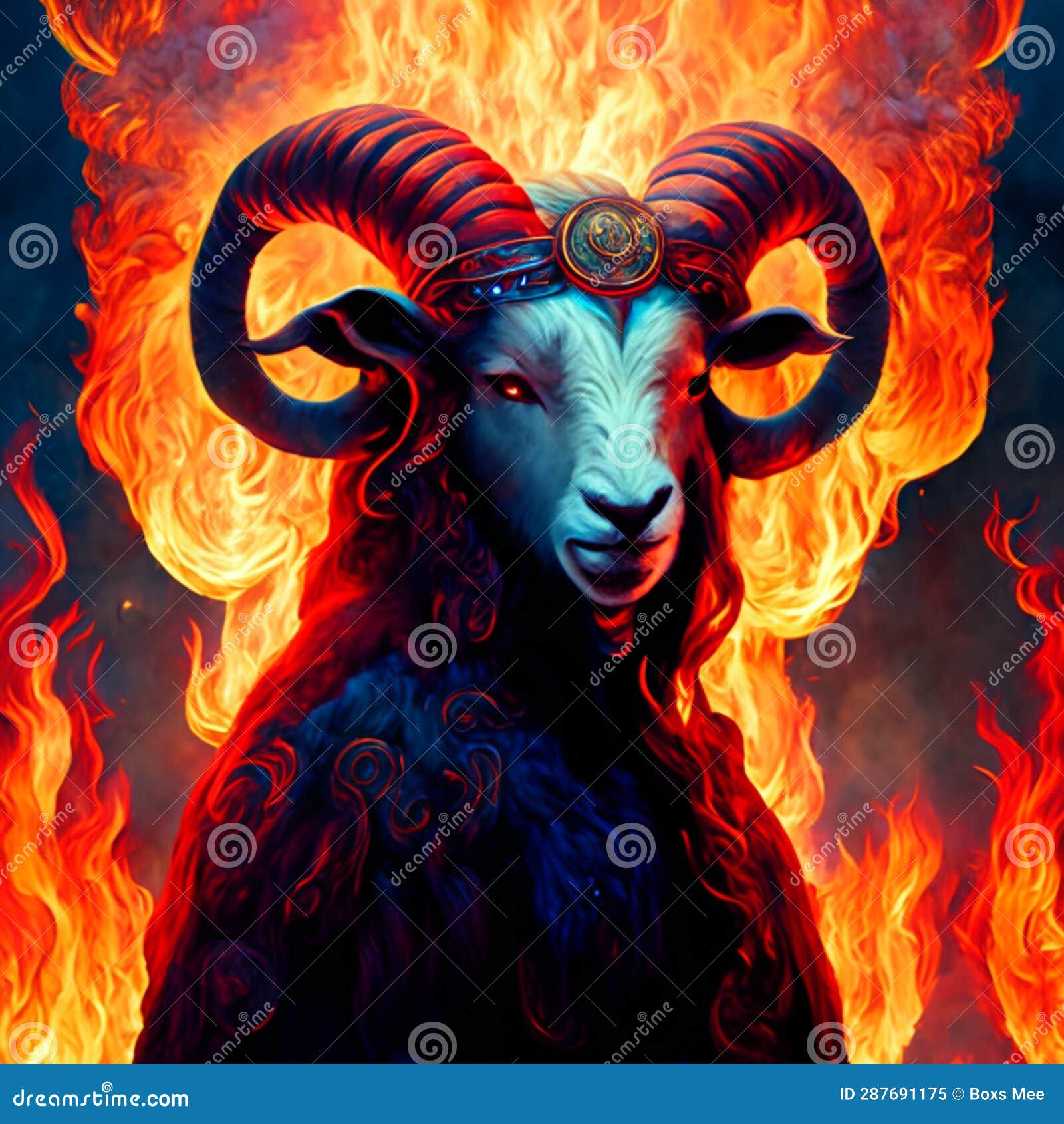 A Ram with Horns on a Background of Burning Fire. 3d Illustration AI ...