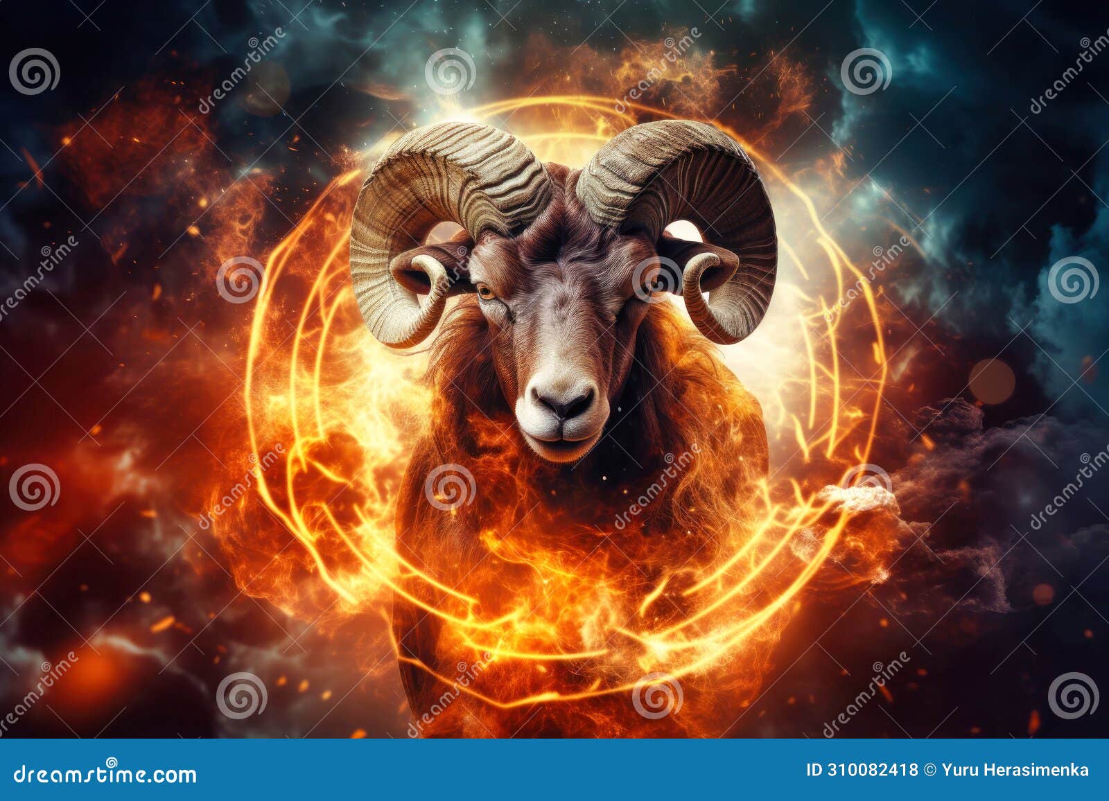 A Ram with Massive Horns Stands in Front of a Blazing Fire Stock ...