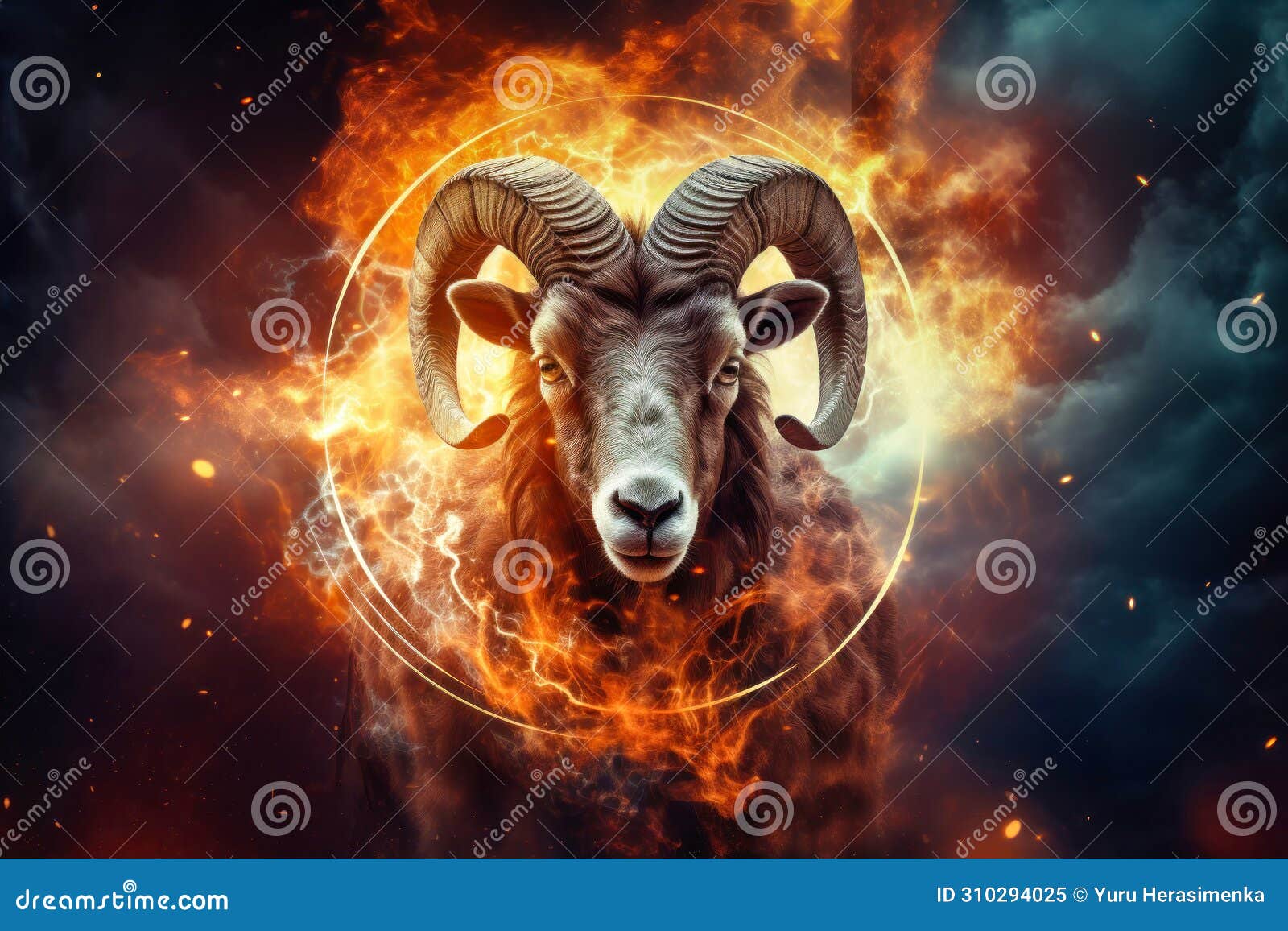 A Ram with Massive Horns Stands in Front of a Blazing Fire Stock ...