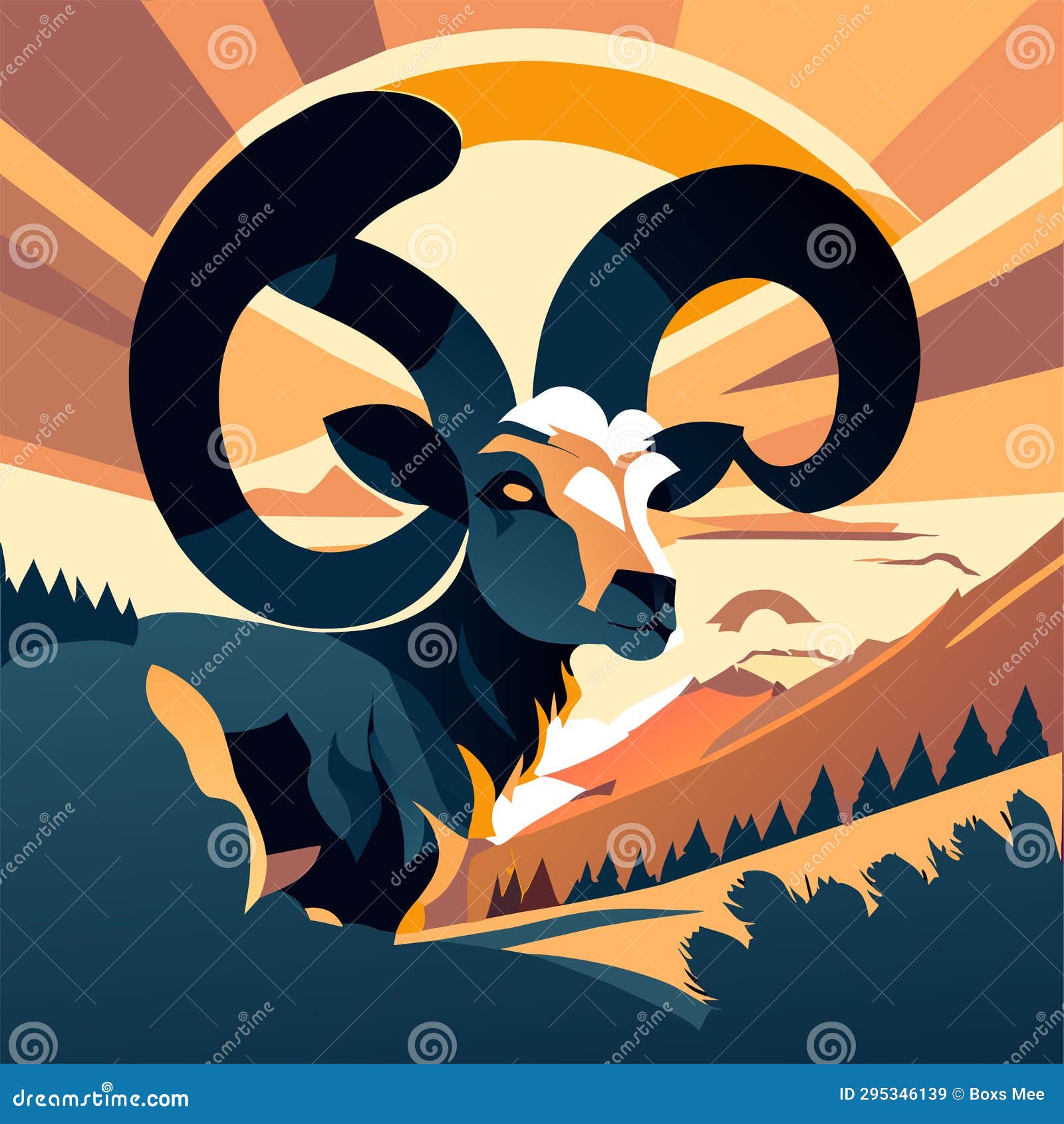 Ram in the Mountains at Sunset. Vector Illustration in Flat Style Stock ...