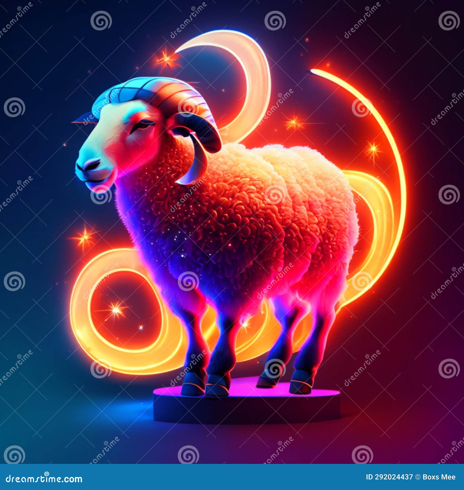 Ram in Neon Style on a Dark Background. 3d Rendering Stock Illustration ...