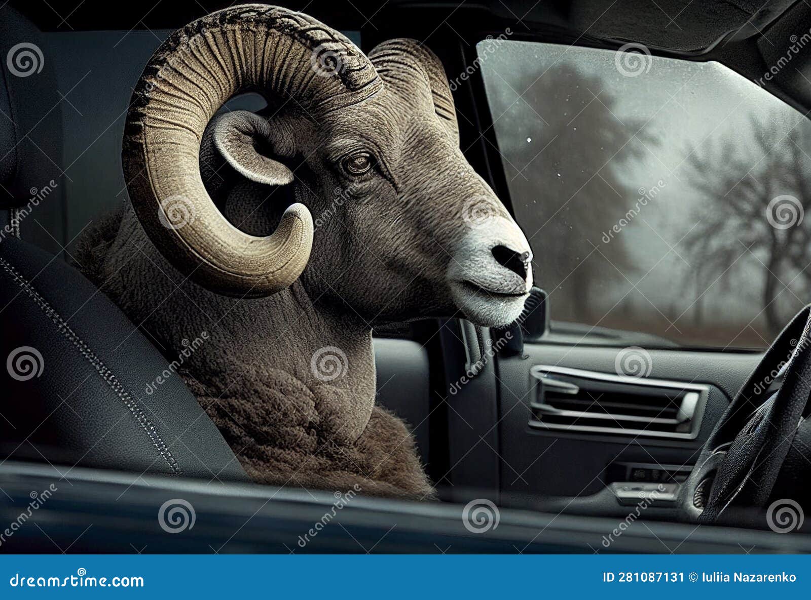 A Ram Sits Behind the Wheel of a Car. AI Generated Stock Illustration ...