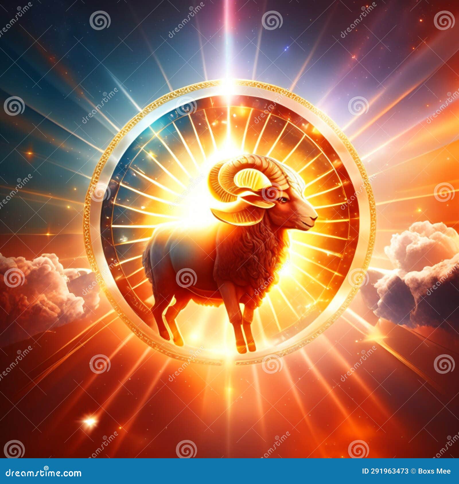 Ram Zodiac Sign in Circle with Sun Rays and Clouds on Background AI ...