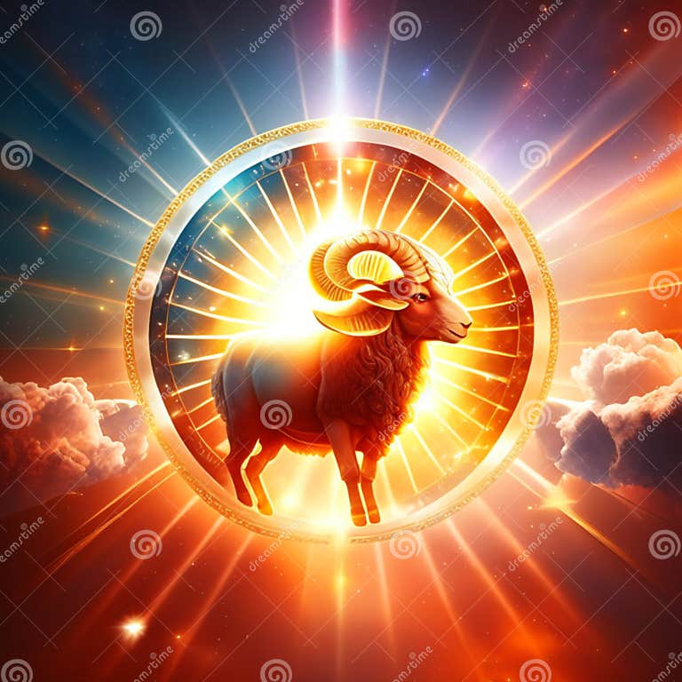 Ram Zodiac Sign in Circle with Sun Rays and Clouds on Background AI ...