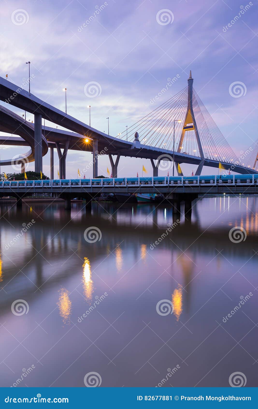 Rama9 Suspension Bridge Reflection Lights Stock Image - Image of ...