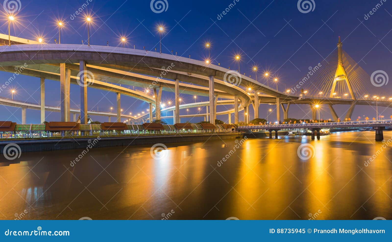 Rama9 Suspension Bridge River Front Night View Stock Image - Image of ...