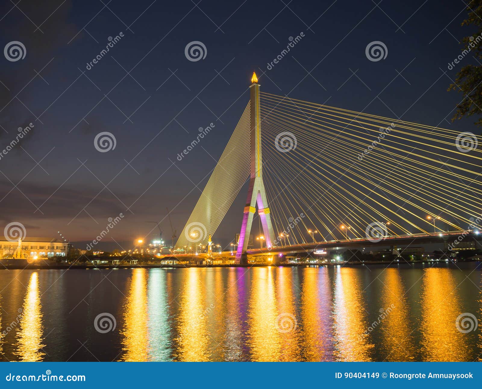 Rama VIII Bridge at Night on the River in Thailand Stock Image - Image ...