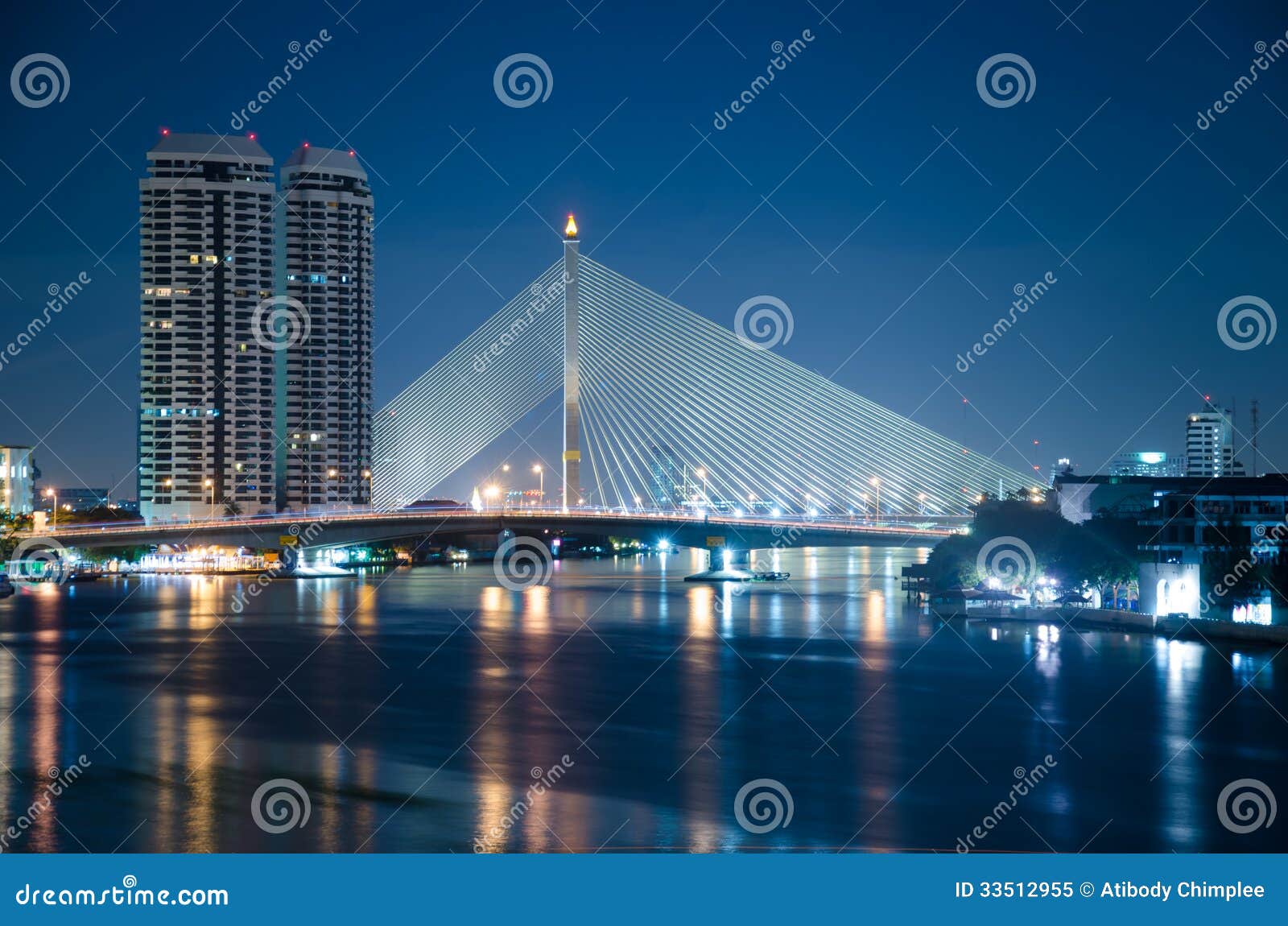 Rama VIII Bridge, Modern Concrete Suspension Bridge Across Chao Phraya ...
