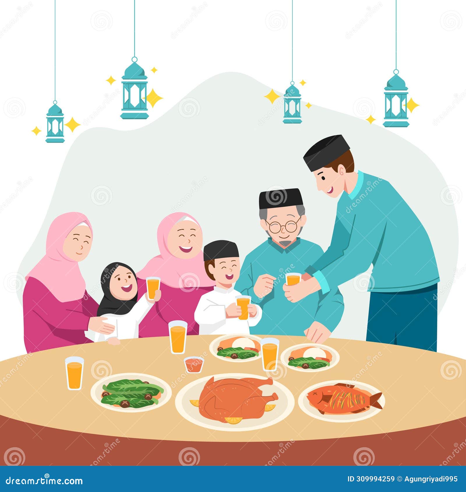 Happy Mosem Family Having Iftar Party Ramadan Concept Art Illustration ...