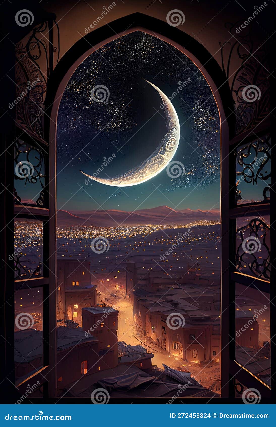 Ramadan Crescent Moon Lanterns Isolated Coloring Cartoon Vector ...