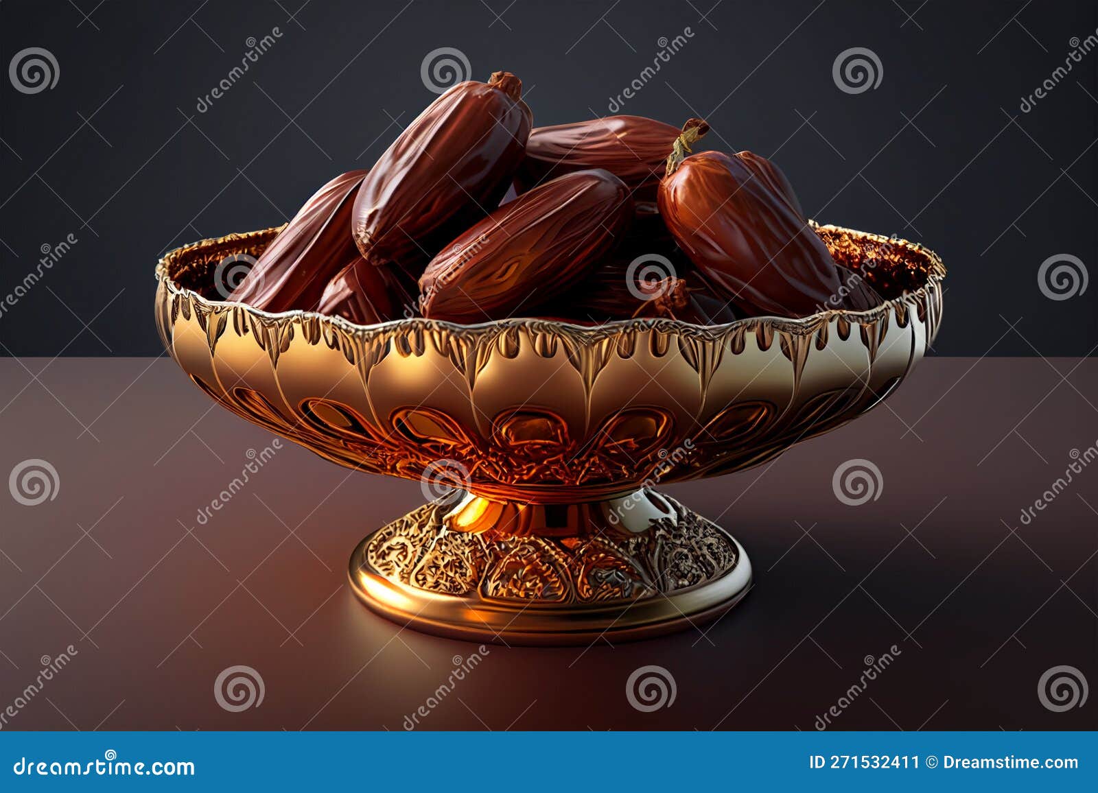 Ramadan 3D Dried Dates in Metallic Arabesque Bowl Isolated on Dark ...