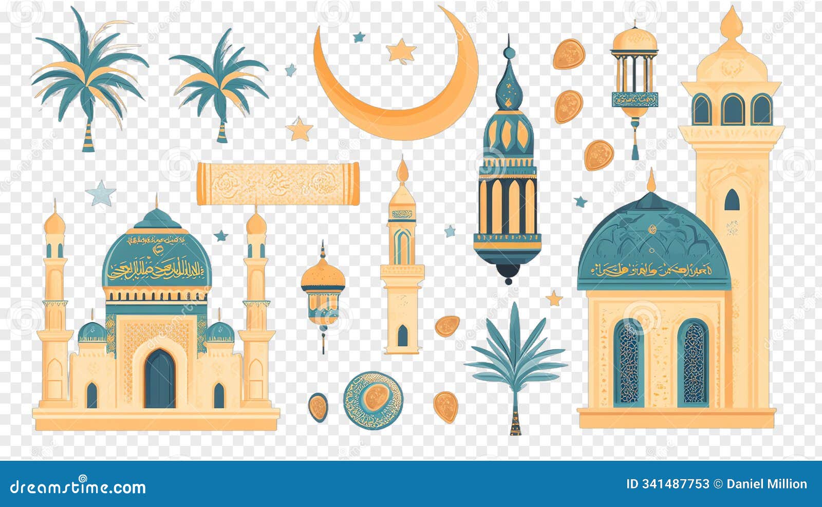 Ramadan Elements Set with Crescent Moon Prayer Mat Mosque Dates and ...