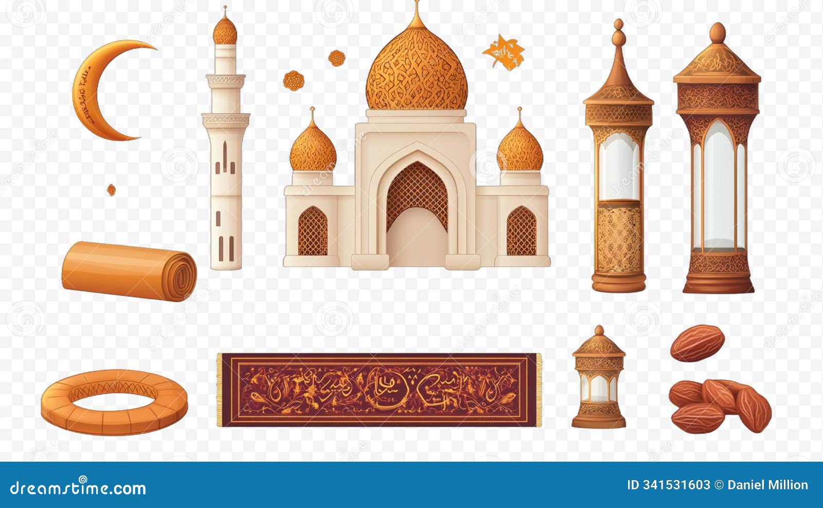 Ramadan Elements Set with Crescent Moon Prayer Mat Mosque Dates and ...