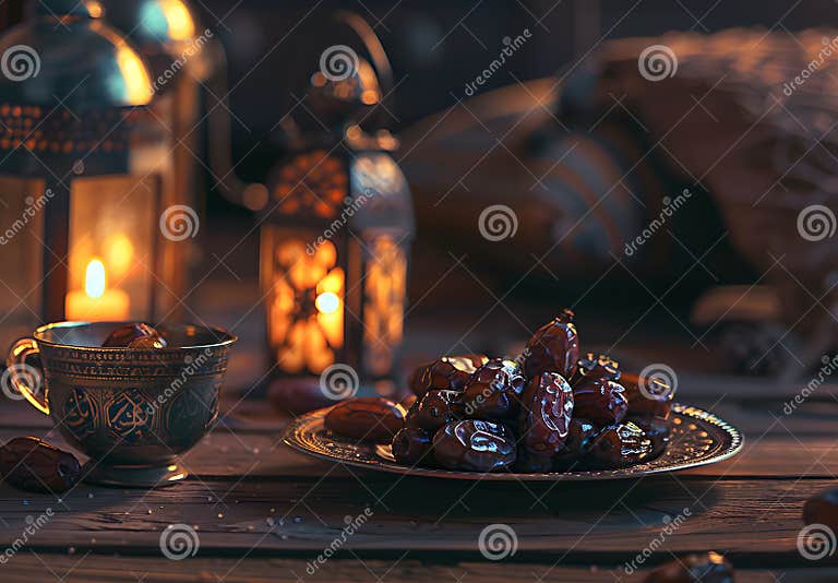 Ramadan Iftar Dinner Table Setting with Dates and Lanterns Stock ...