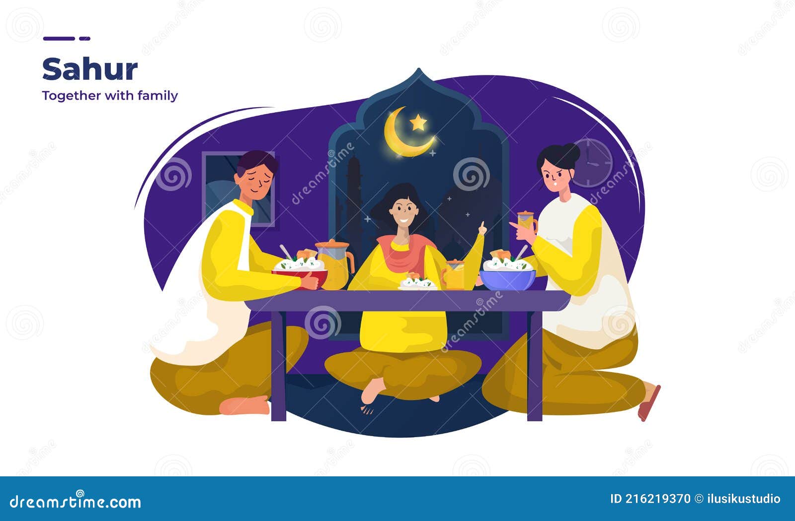 Suhoor Time In Ramadhan Vector Illustration, Eating At Early Morning ...