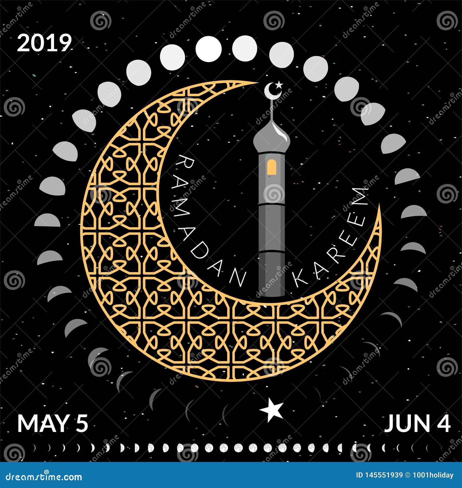 Ramadan Kareem Crescent Moon Phases and Mosque Dome with Arabic Pattern ...