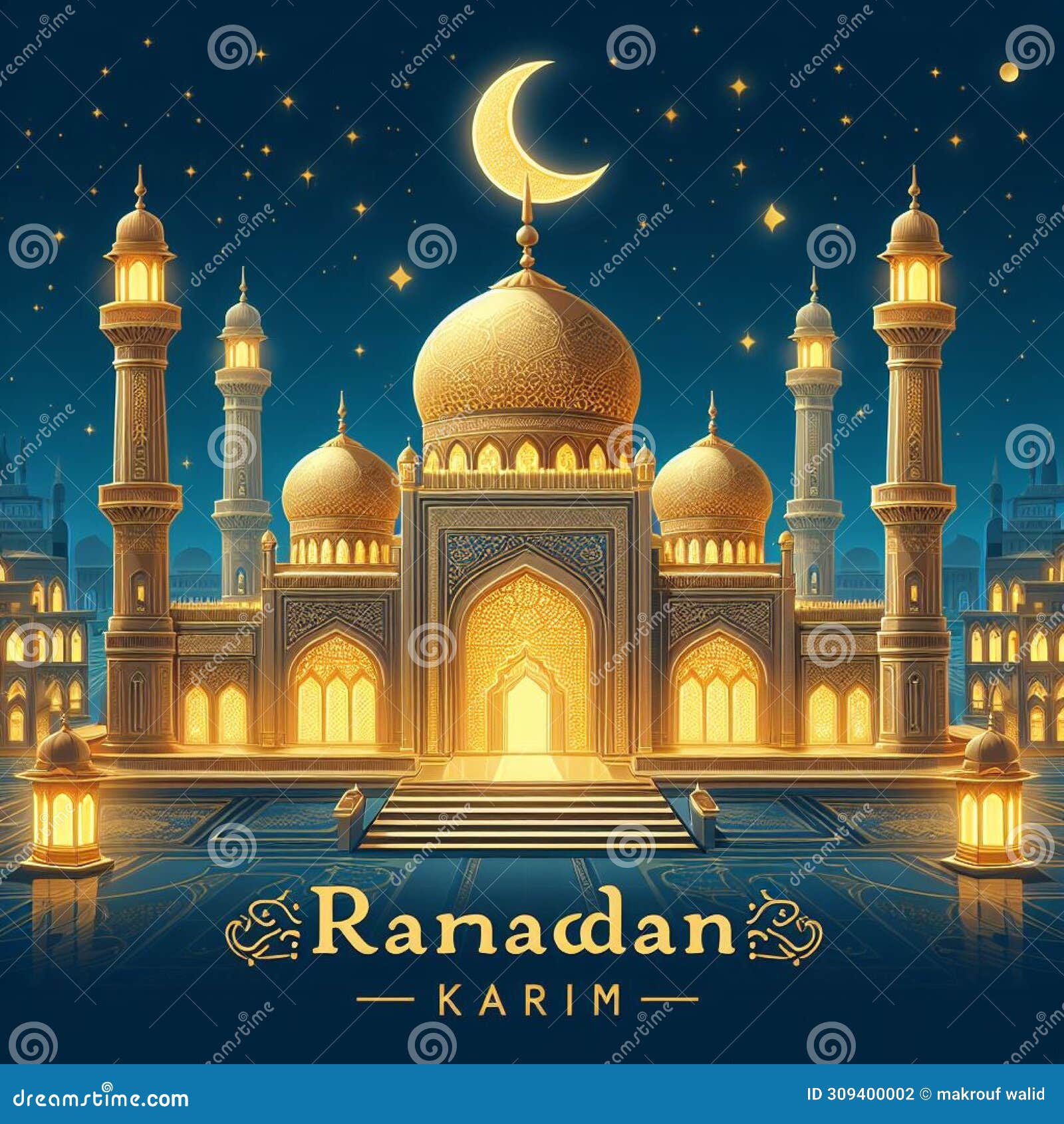 Mosque At Night With Illuminated Crescent Moon Lights Royalty-Free ...