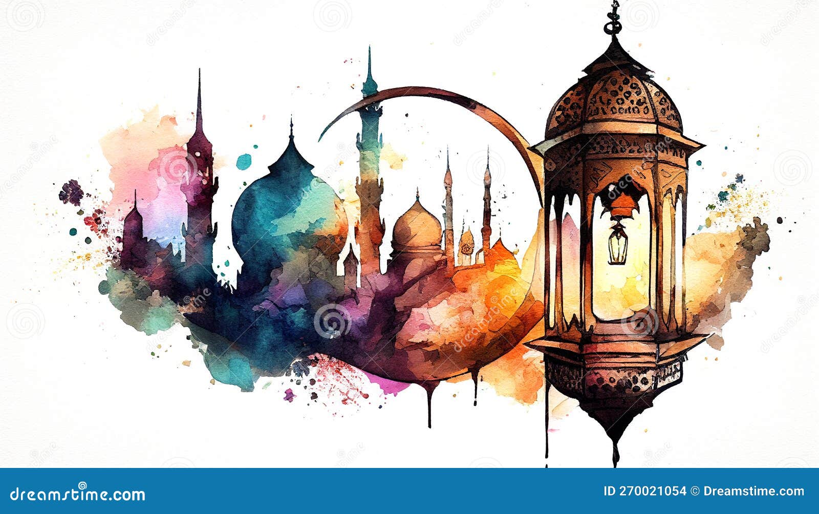 Ramadan Lantern with Crescent Moon on Night Sky Background, Watercolor ...