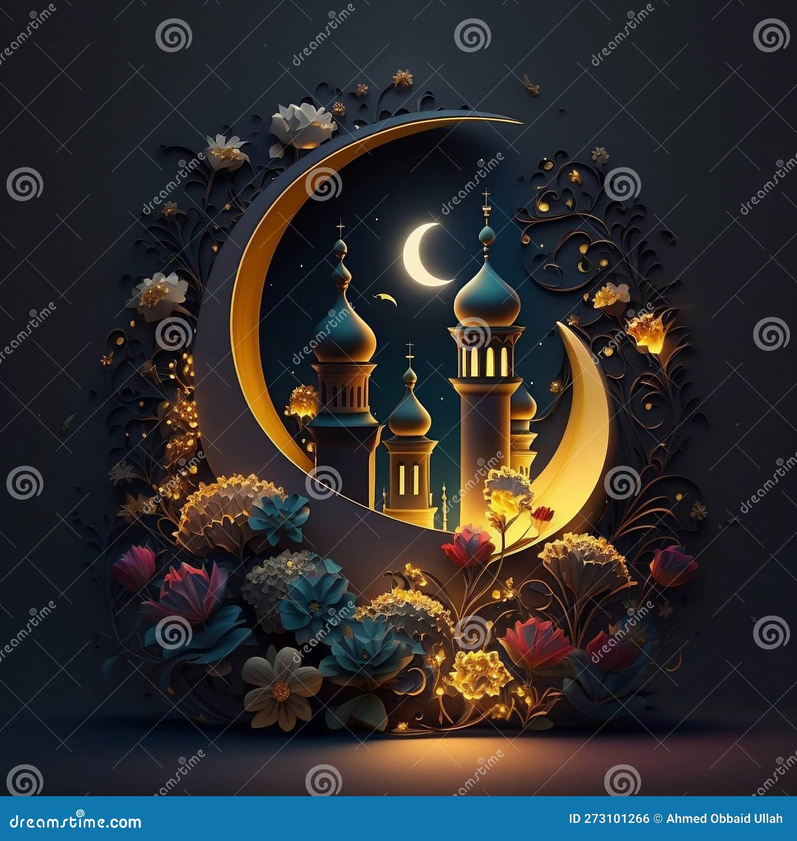 A Ramadan Post Featuring a Crescent Moon and Lights Against a Nighttime ...