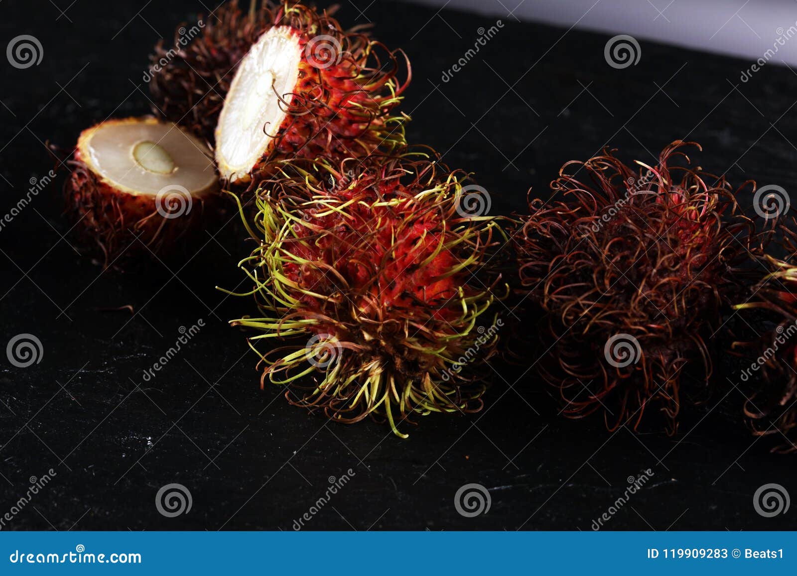 Rambutans Fruit with Leaf on Table. Rambutan or Hairy Lychee Stock ...