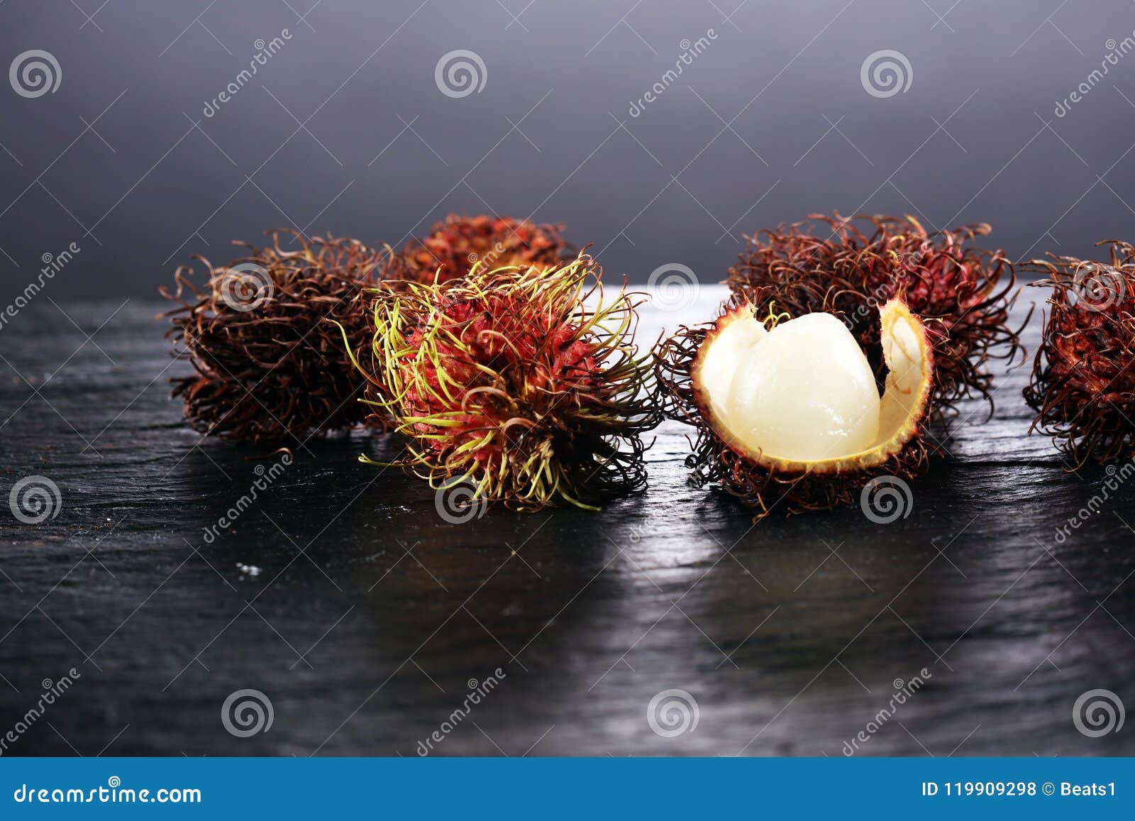 Rambutans Fruit with Leaf on Table. Rambutan or Hairy Lychee Stock ...