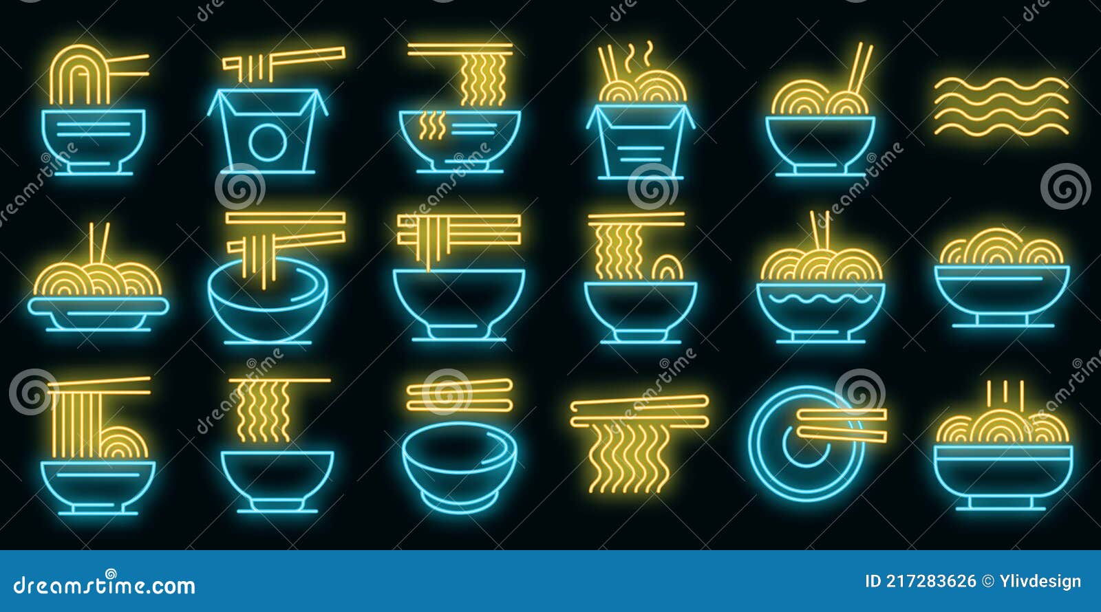 Ramen Icons Set Vector Neon Stock Vector - Illustration of dinner ...
