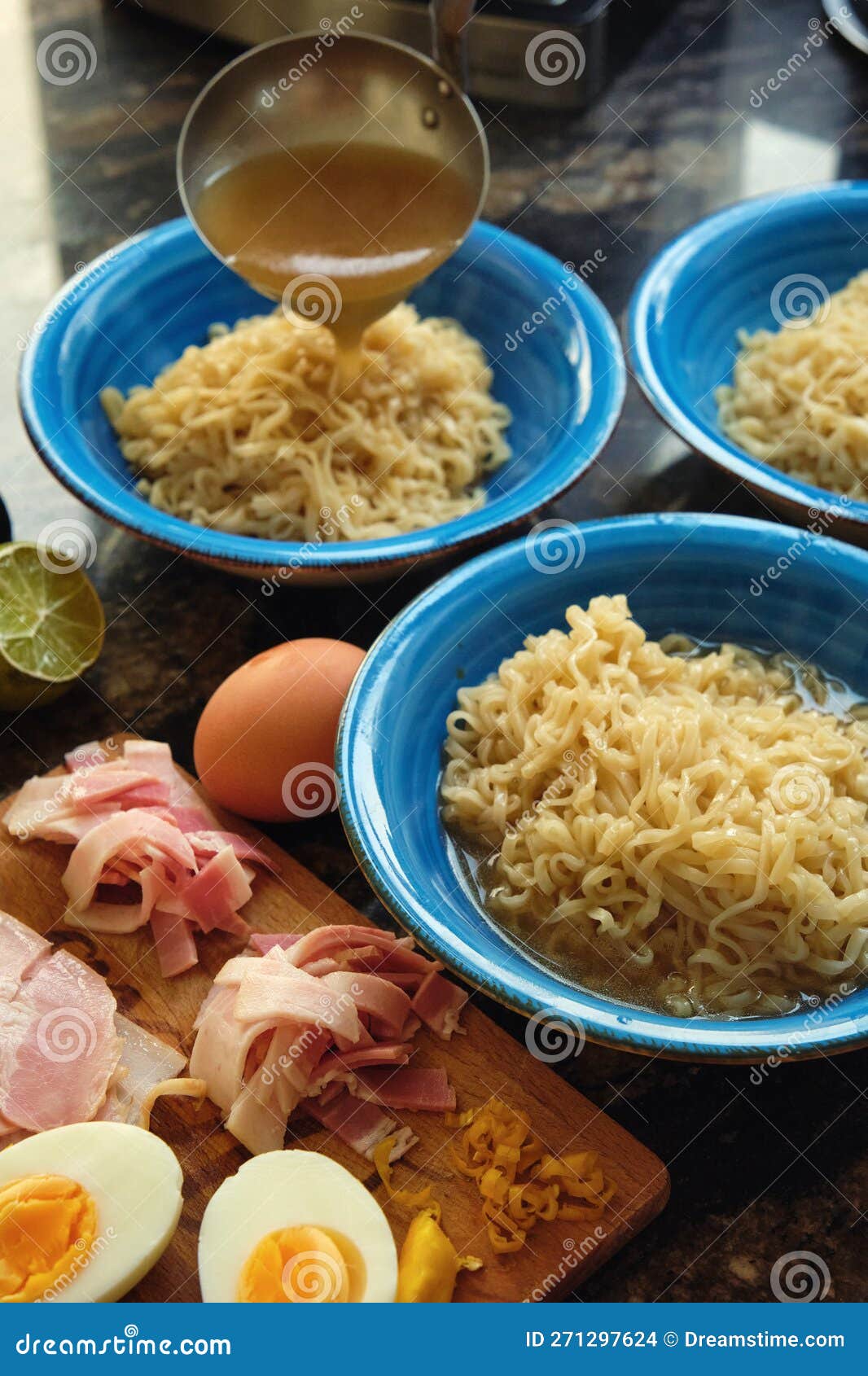 Ramen Soup in Plates Ingredients on the Table Stock Photo - Image of ...