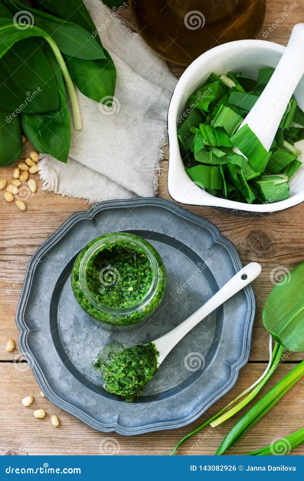 Ramson Pesto and Ingredients for Cooking it on a Wooden Table. Rustic ...