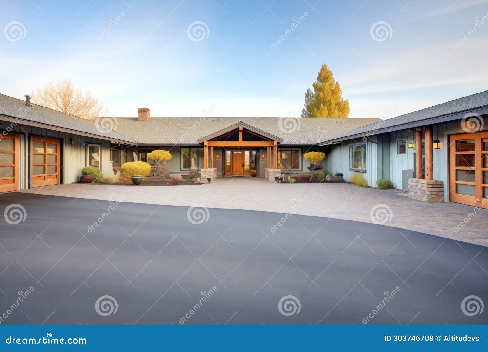 Ranch Entrance with a Double Garage and a Paved Driveway Stock Photo ...