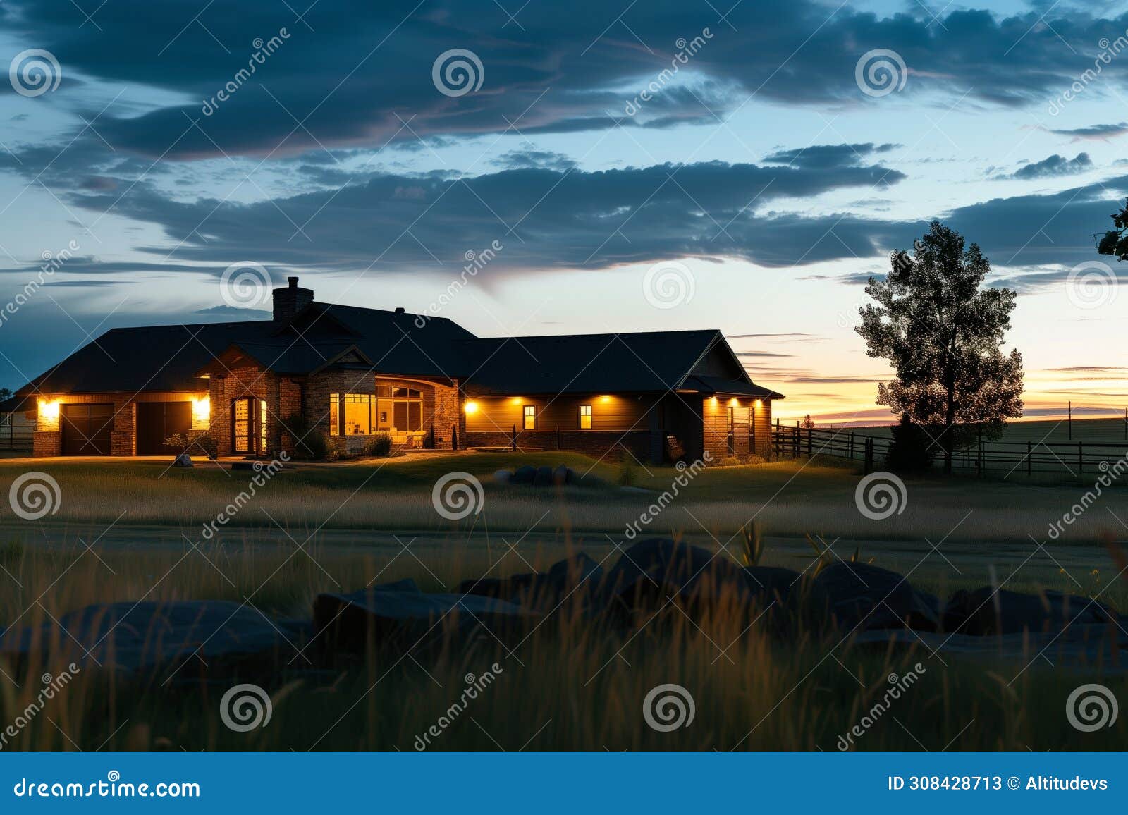 A Ranch Homes Exterior at Twilight with Landscape Lighting Stock Image ...