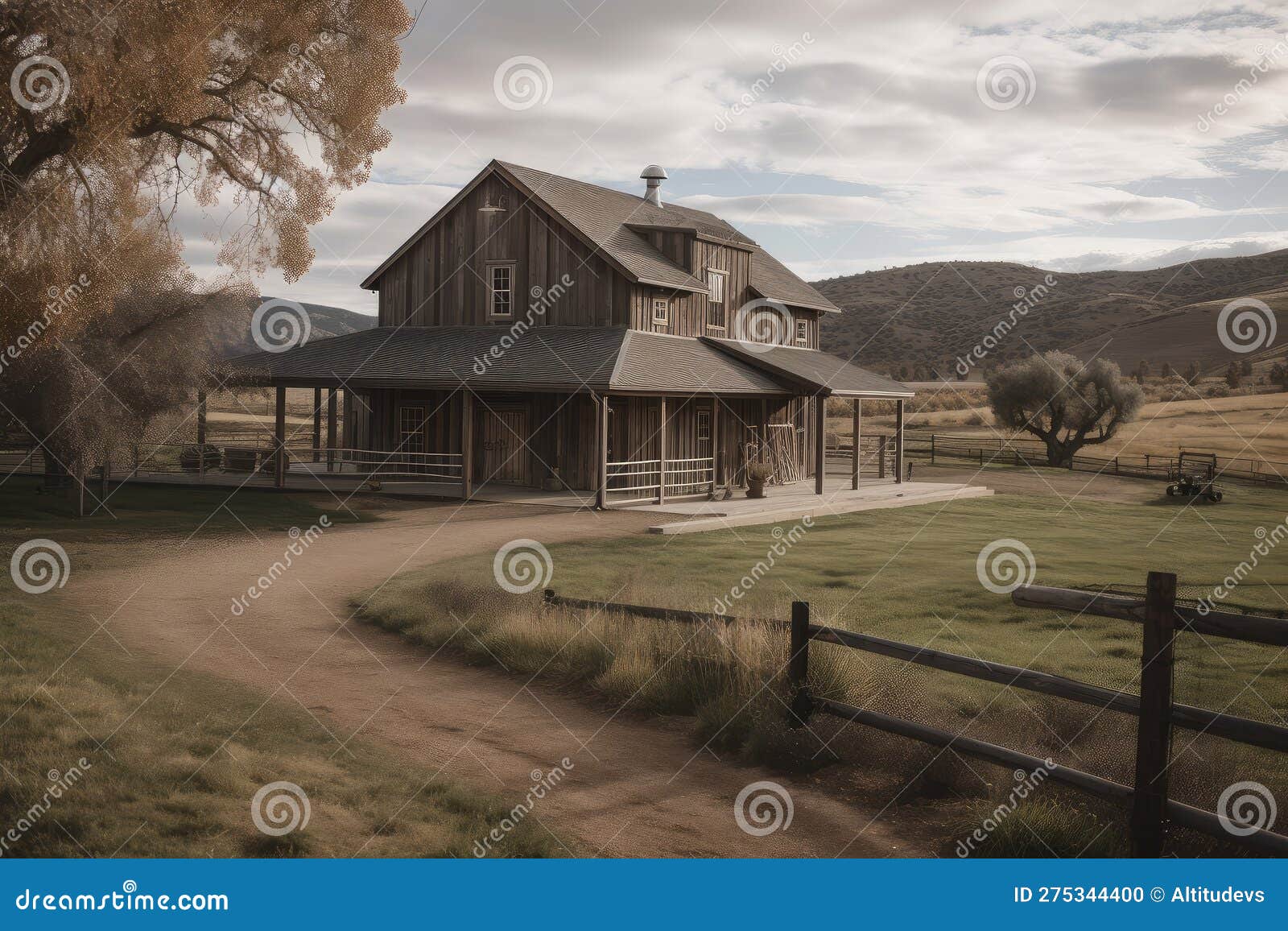 Ranch House Exterior With Barn And Fields In The Background Stock ...