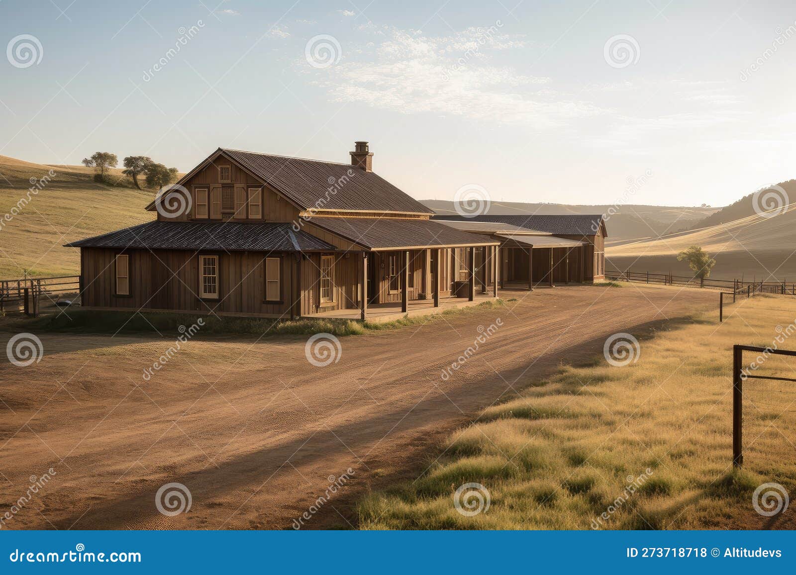 Ranch House Exterior With Barn And Fields In The Background Stock ...