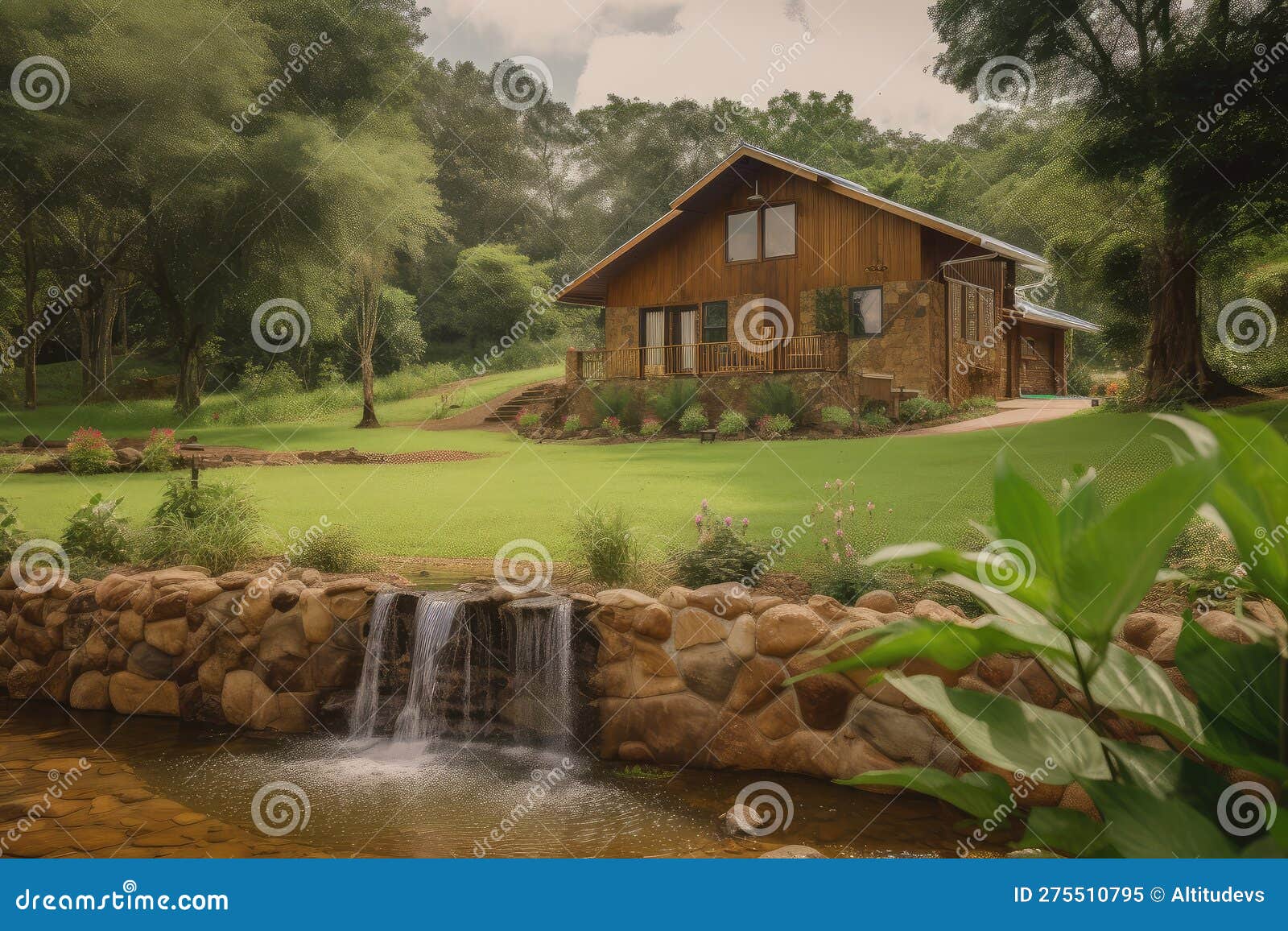 Ranch House Exterior with Beautiful Greenery and Waterfall in the ...