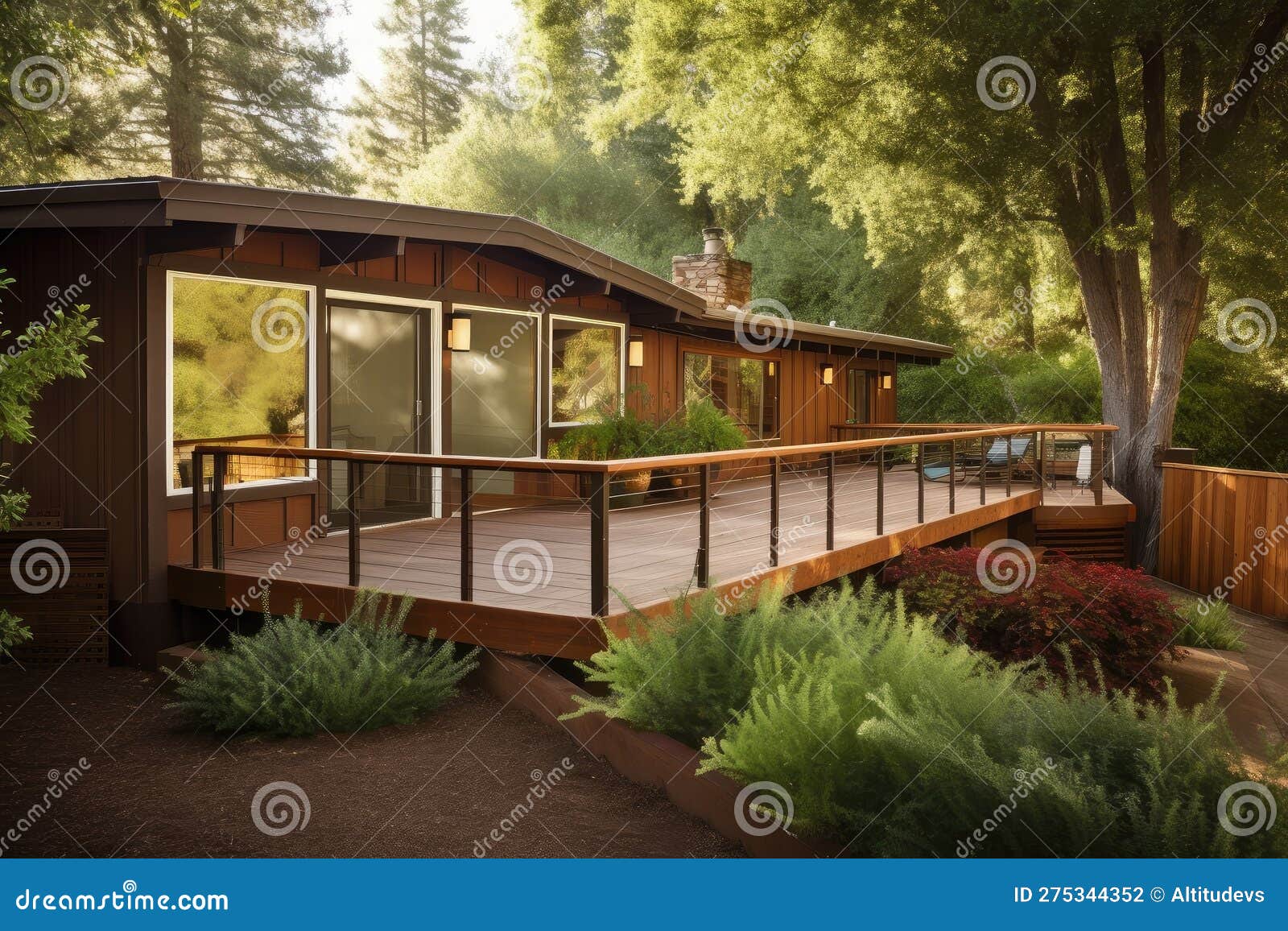 Ranch House Exterior with Deck and View of the Garden, Surrounded by ...