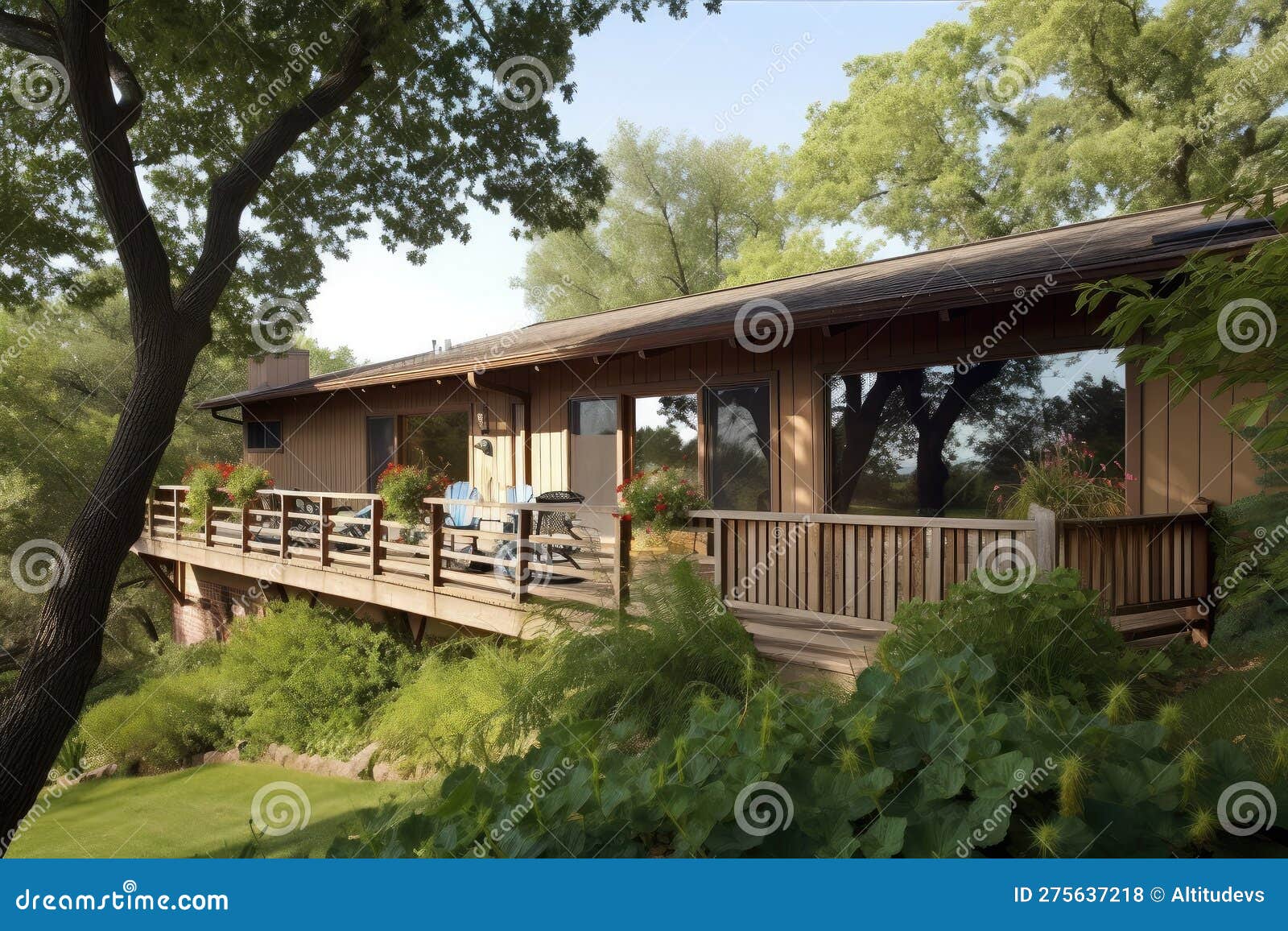 Ranch House Exterior with Deck and View of the Garden, Surrounded by ...