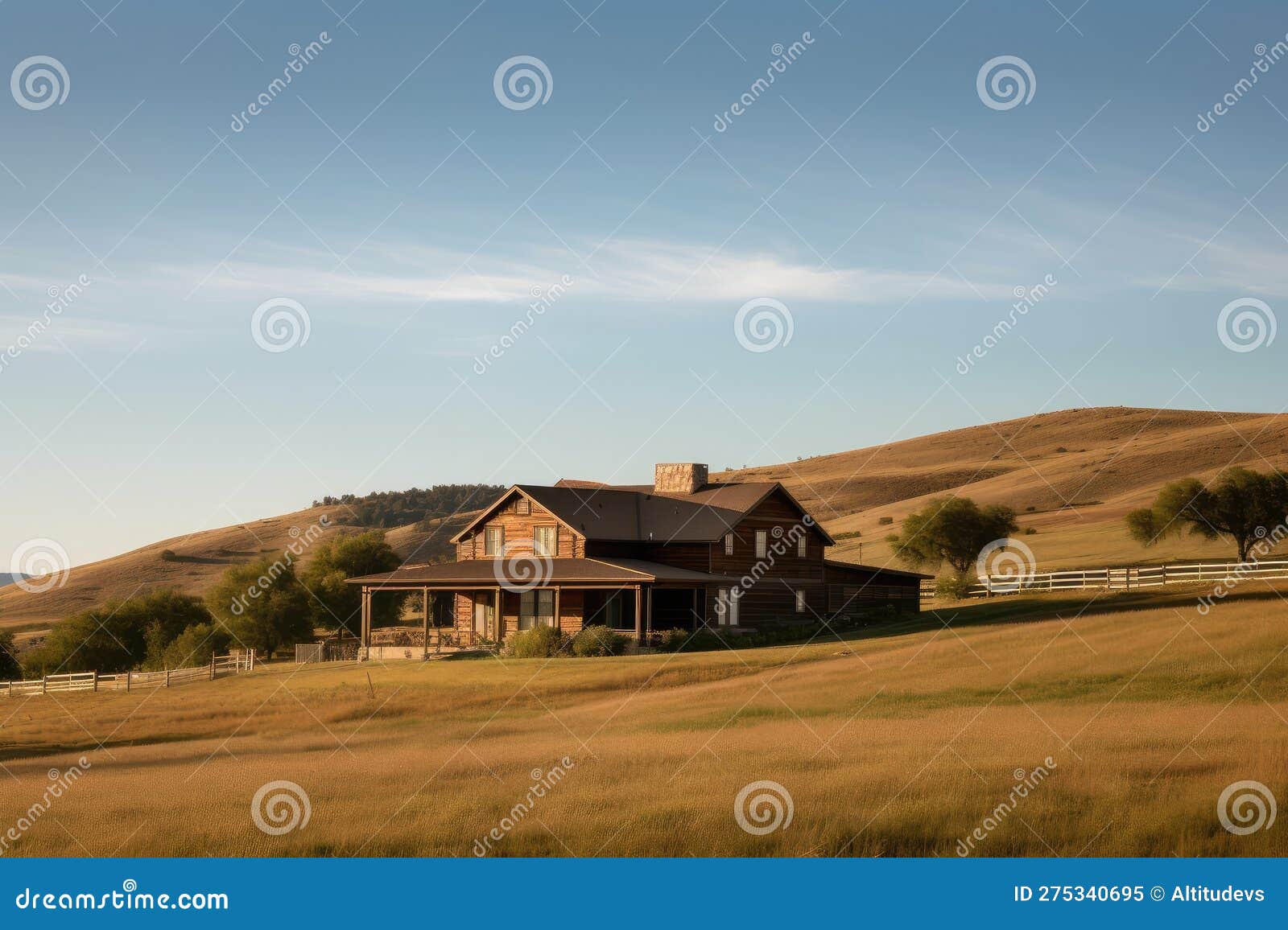 Ranch House Exterior with View of Rolling Hills and Fields in the ...