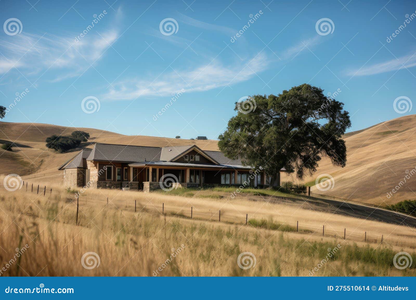 Ranch House Exterior with View of Rolling Hills and Fields in the ...