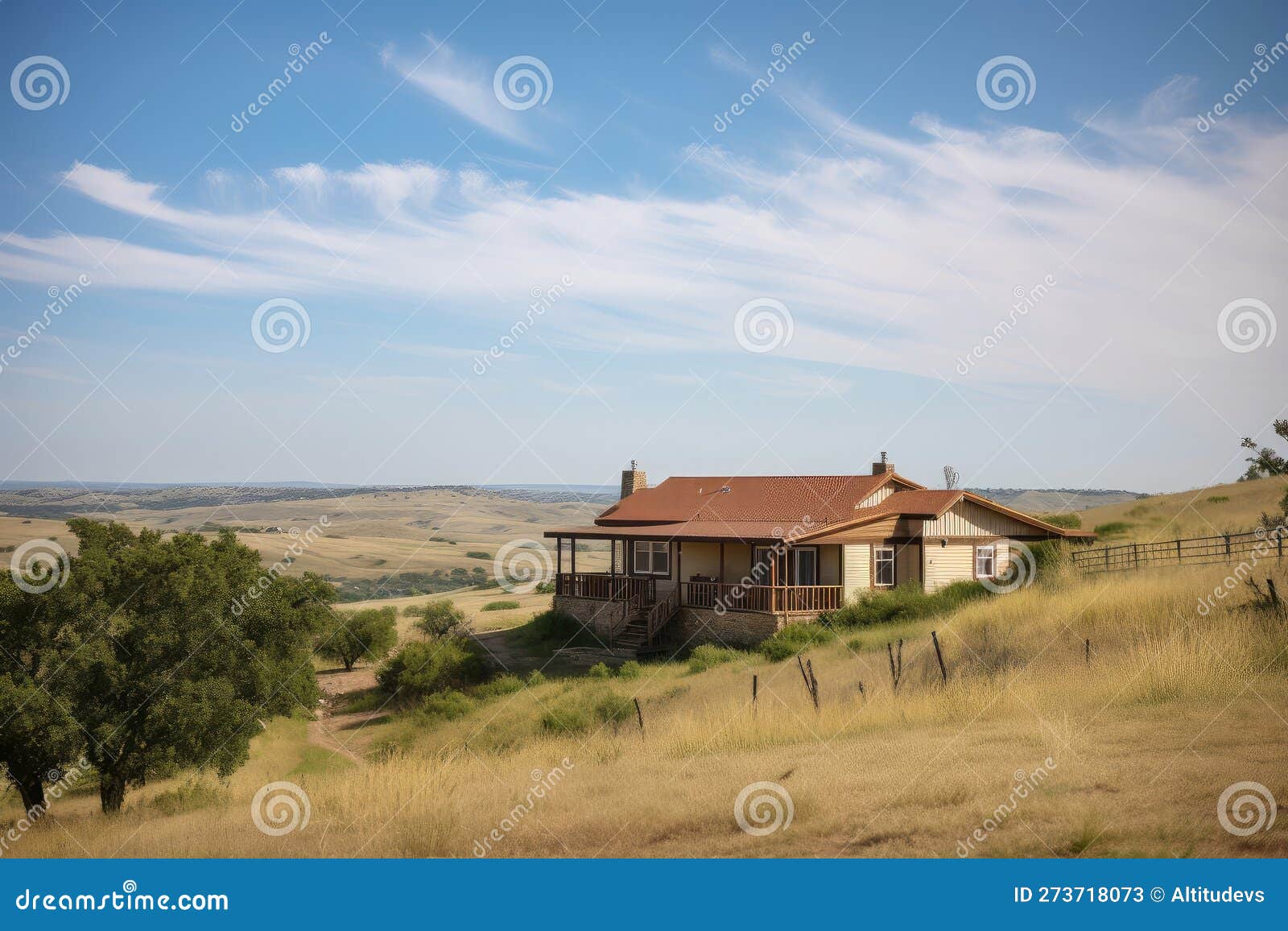 Ranch House with Panoramic View of Valley and Rolling Hills Stock ...