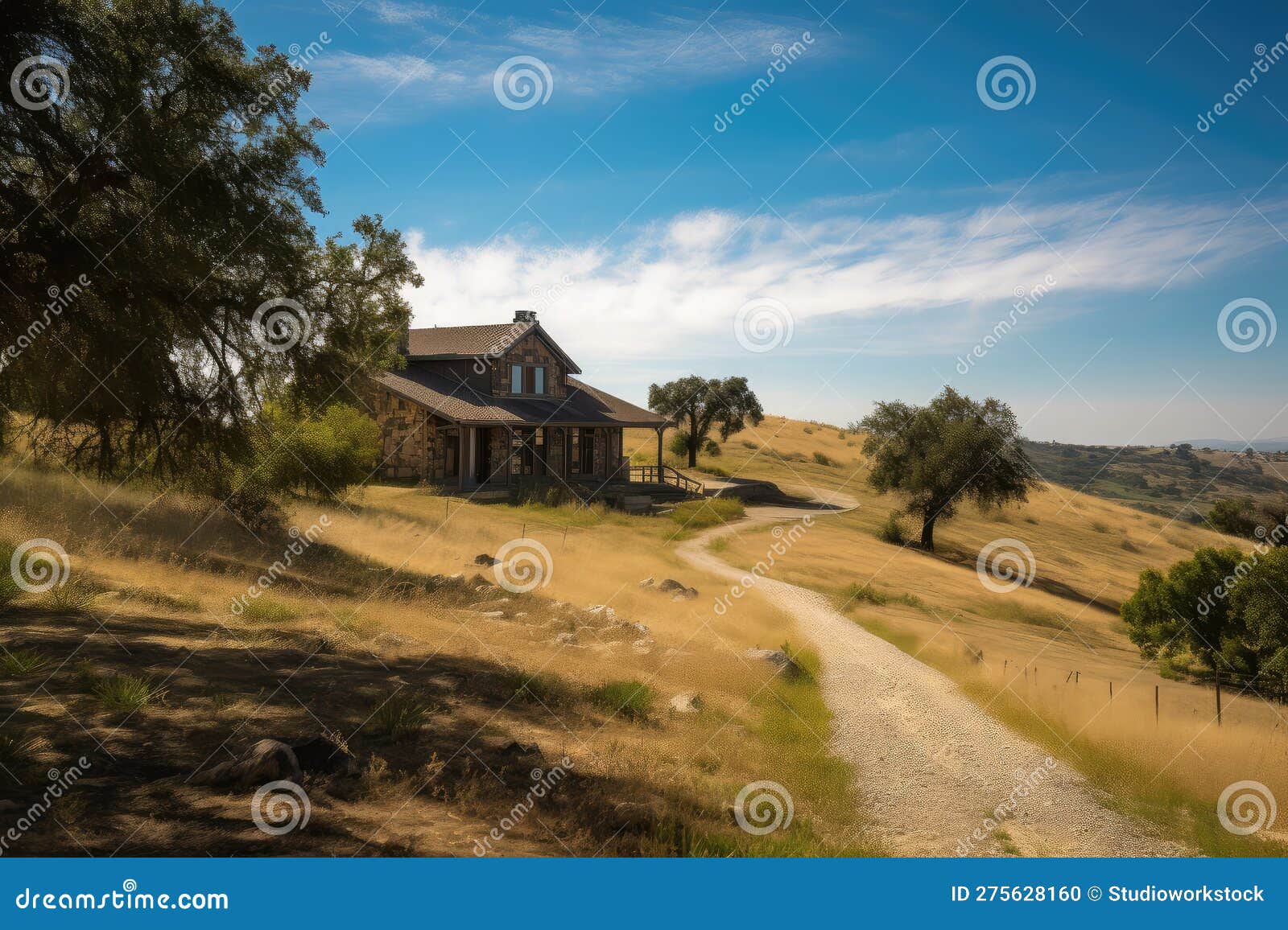 Ranch House with Panoramic View of Valley and Rolling Hills Stock Photo ...