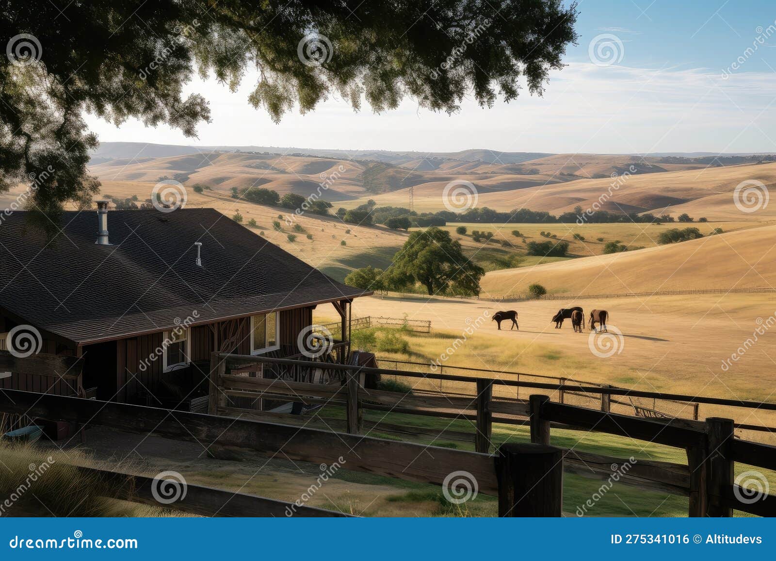 Ranch House with View of Rolling Hills and Fields, with Horse and ...